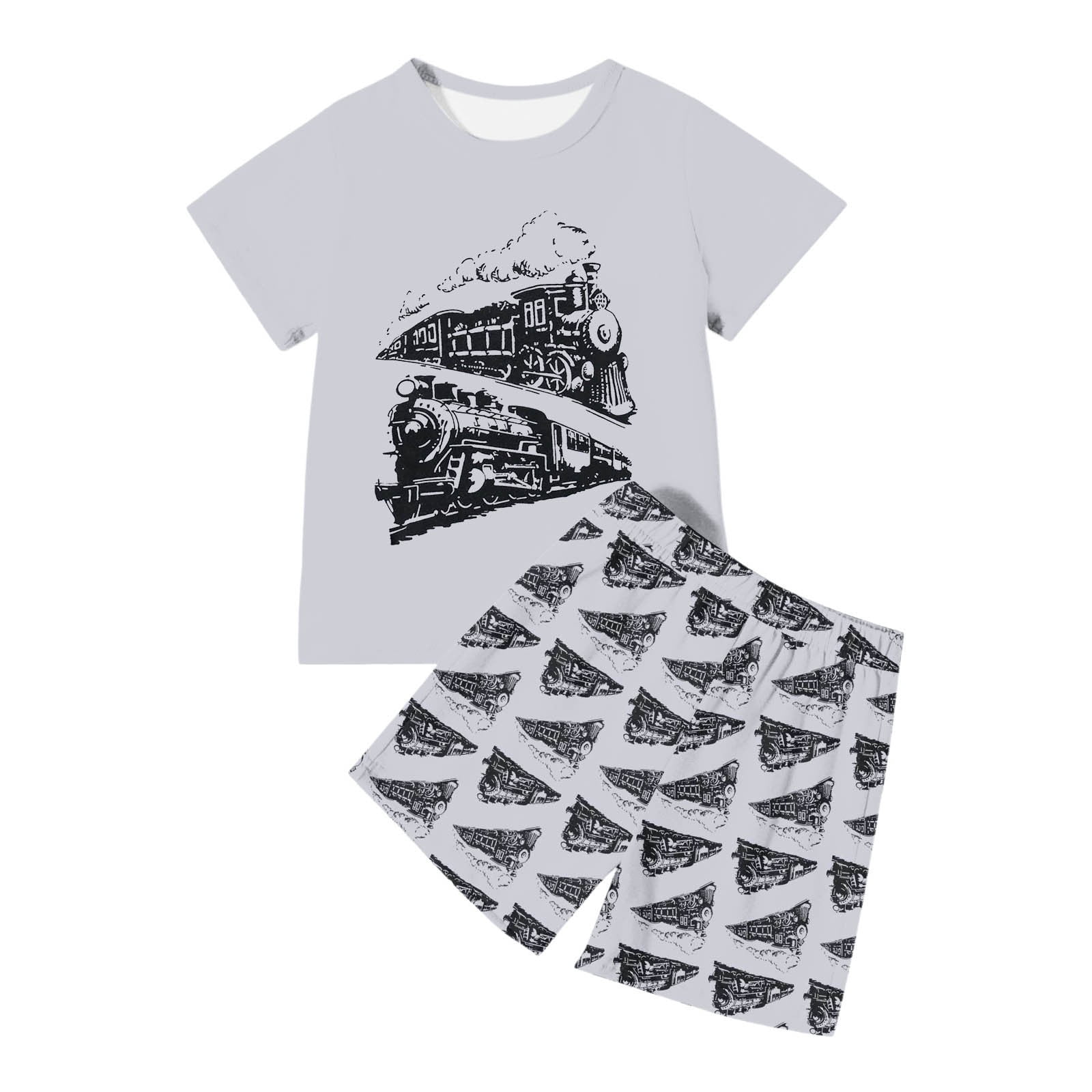 WOYY Big Boys Summer Outfits Casual Train Print T-Shirt and Shorts Set ...