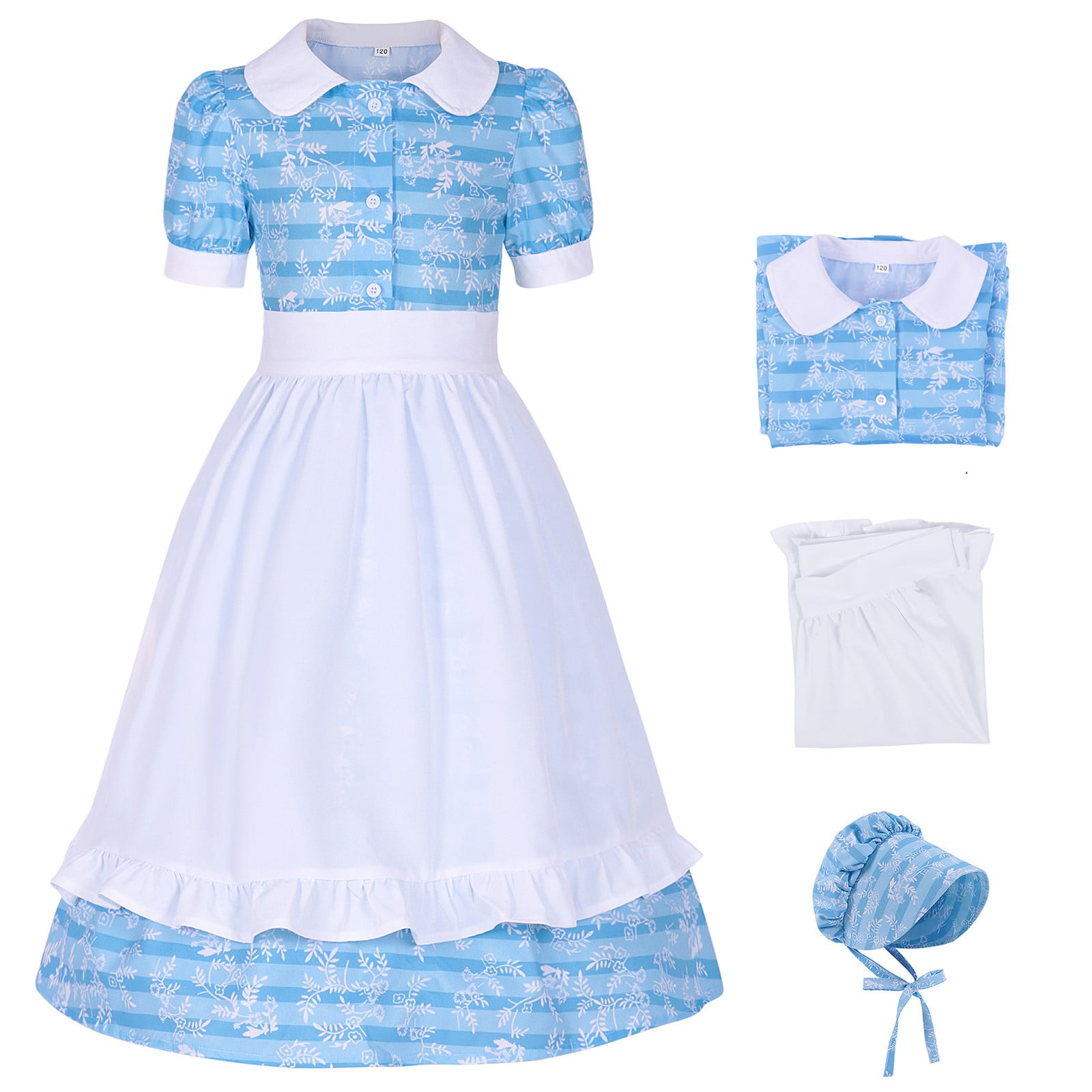 WOYY Big Girl's Garden Style Short Sleeve Dress with Apron Hat Long ...