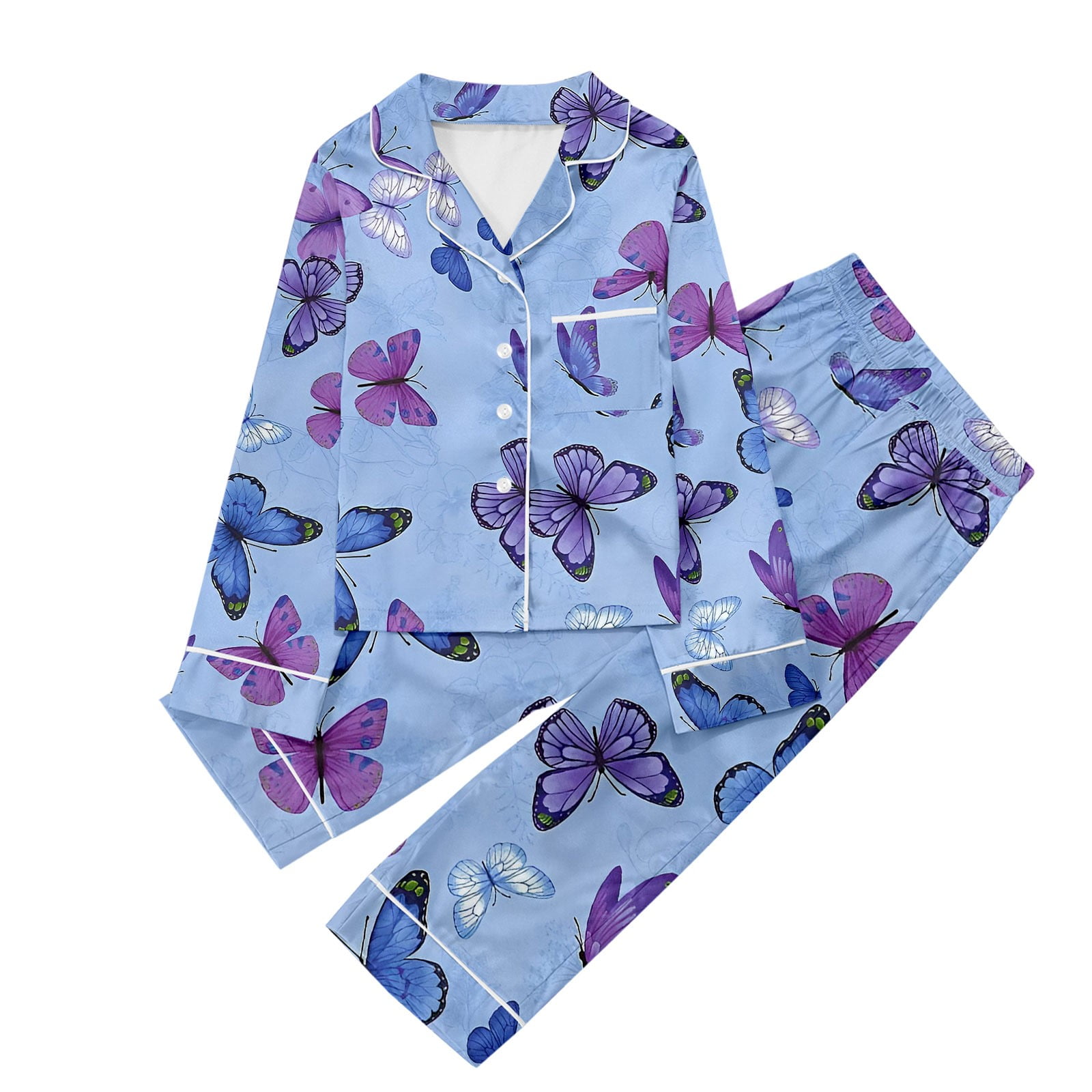 WOYY Big Girl's Matching Pajama Set Satin Butterfly Print Button Down ...