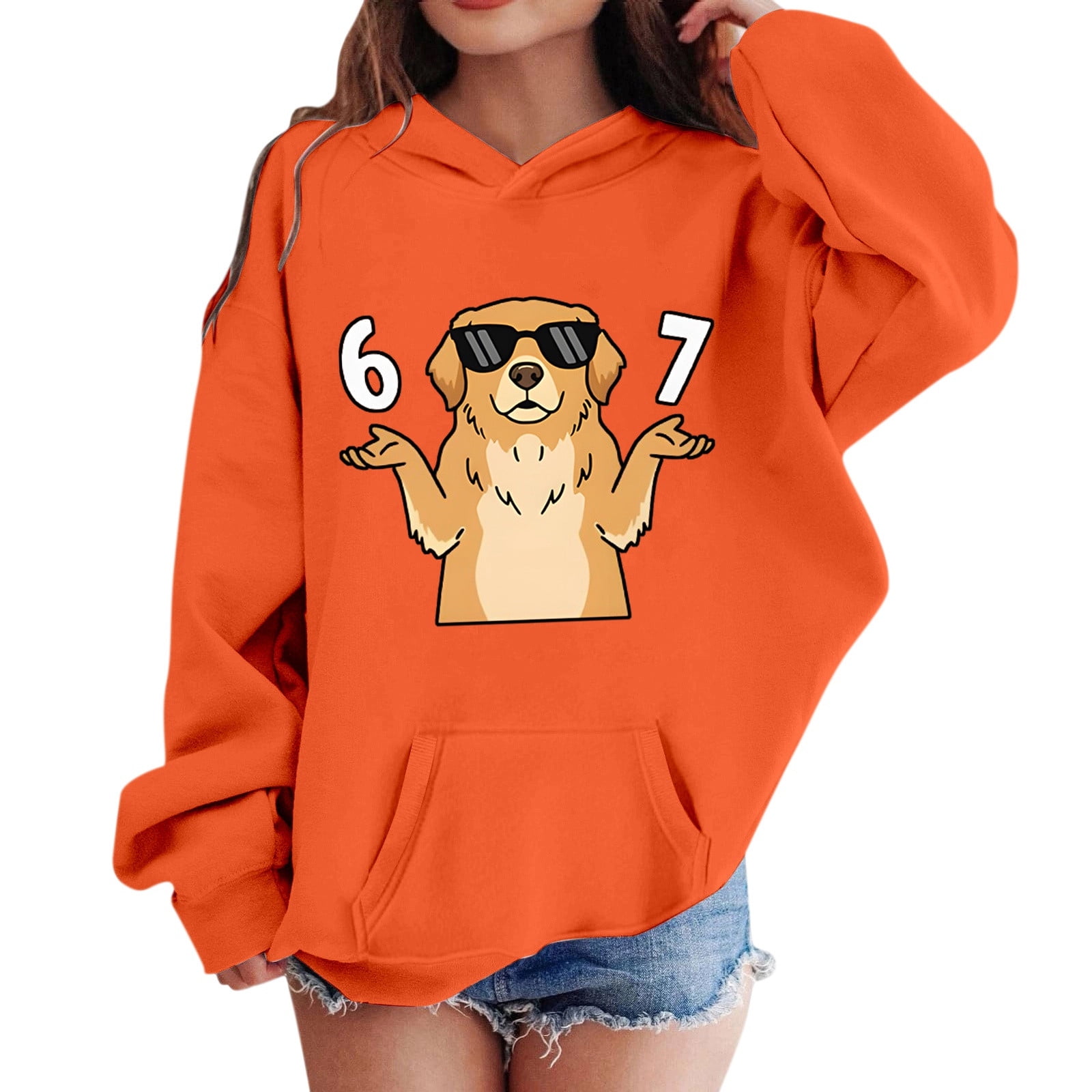WOYY Big Girls Hoodie Cute Dog Print Hooded Sweatshirt Soft Cozy ...