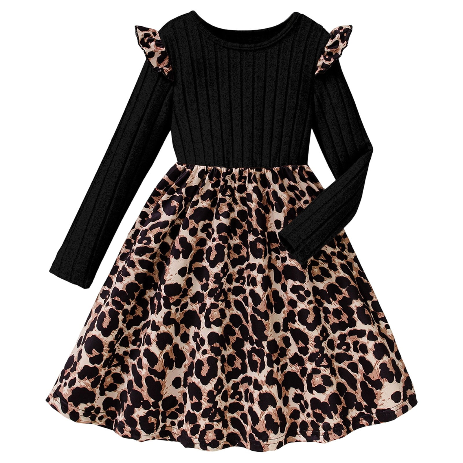 WOYY Big Girls Leopard Long Sleeve Dress Casual Knit Ribbed Contrast ...