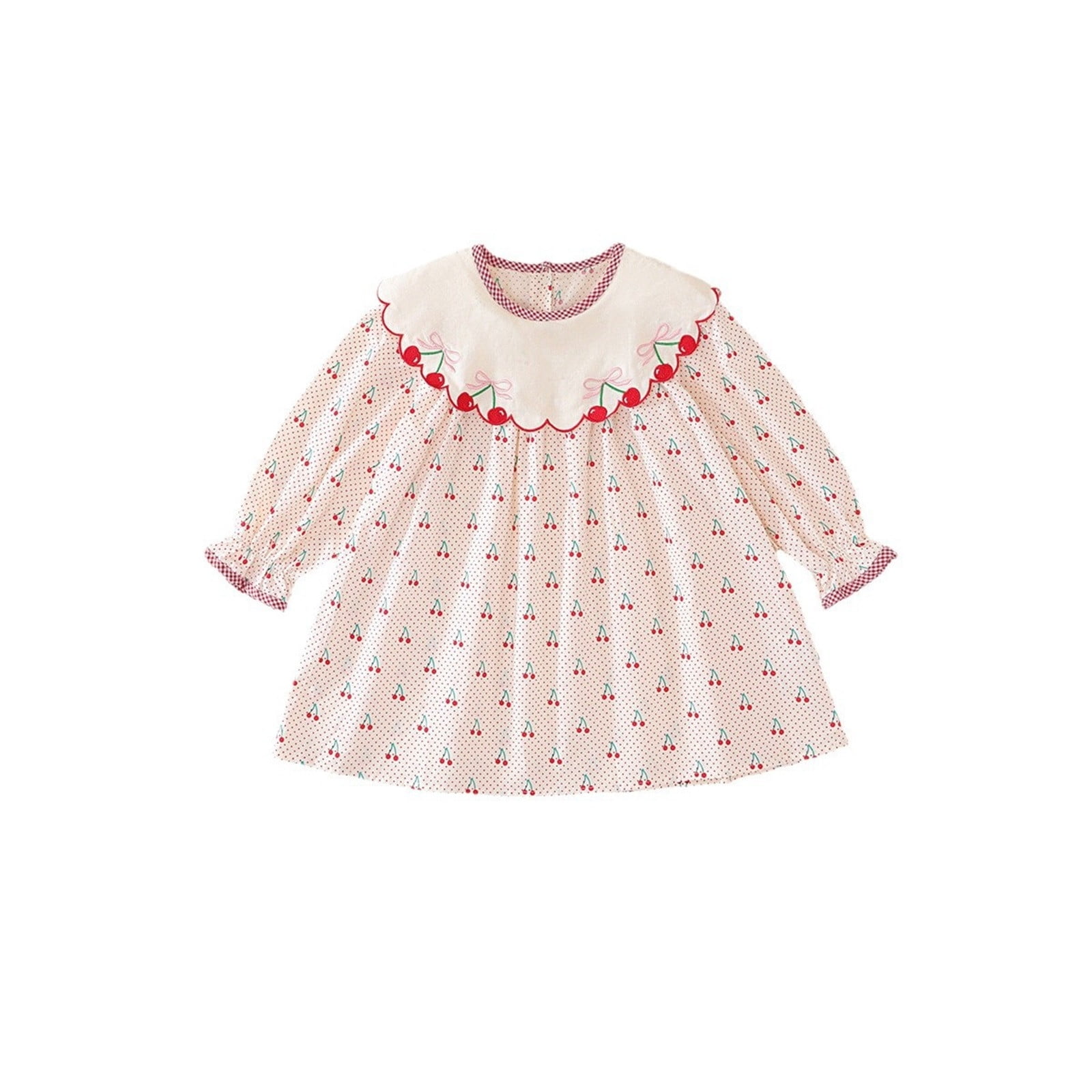 WOYY Big Girls Long Sleeve Floral Dress Cherry Print Peter Pan Collar ...