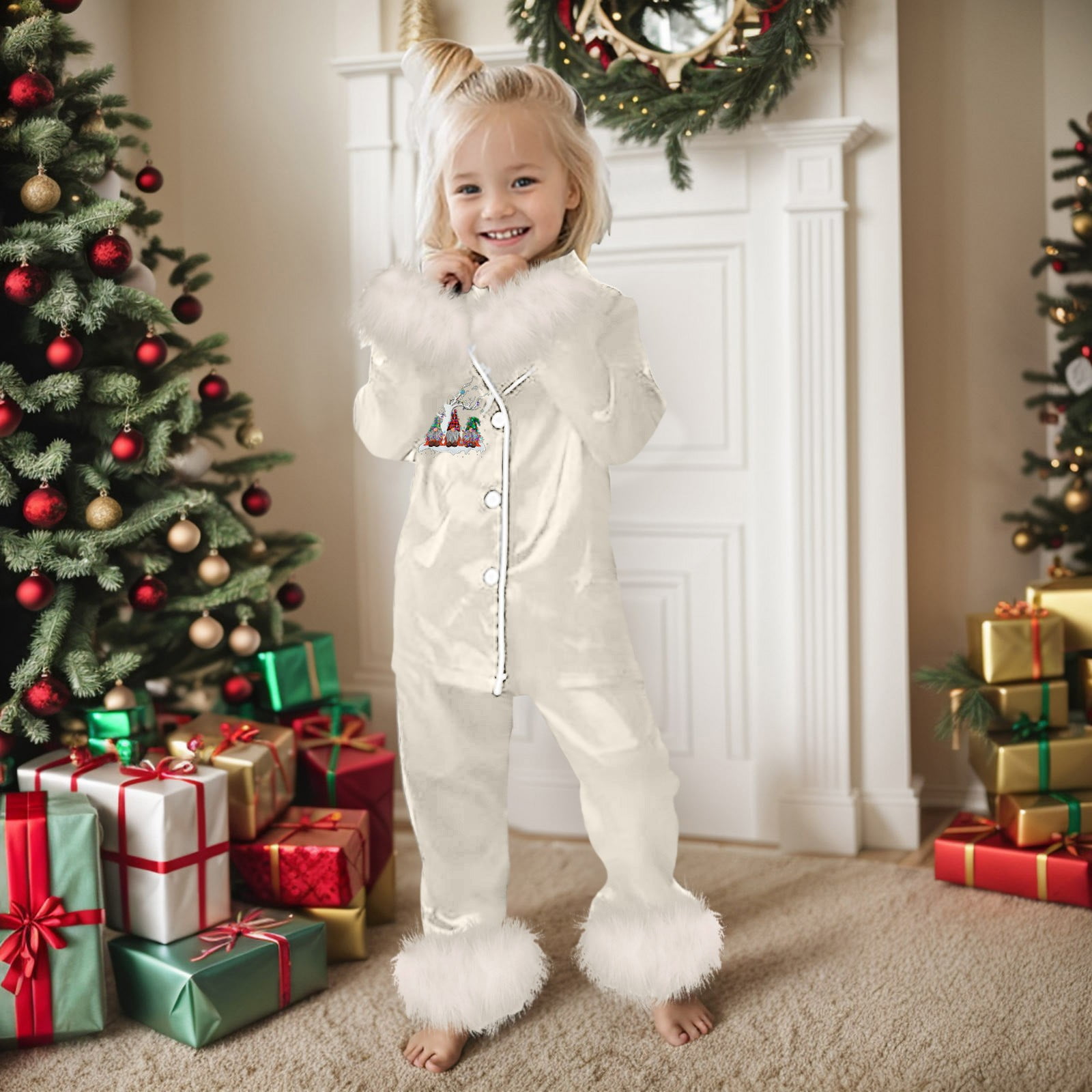 WOYY Big Girls Pajamas Christmas Fur Trim Button Down Shirt Pants ...