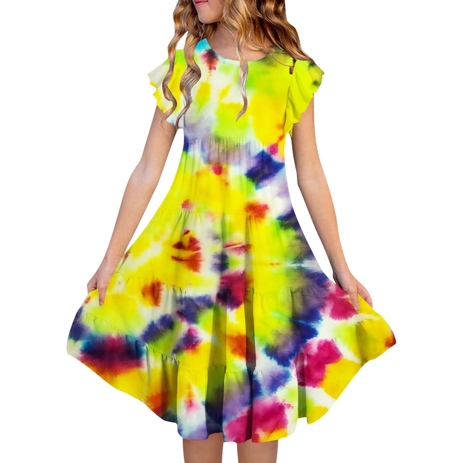 WOYY Big Girls Tie Dyed Midi Dress Flutter Sleeve Flowy A Line Dress ...