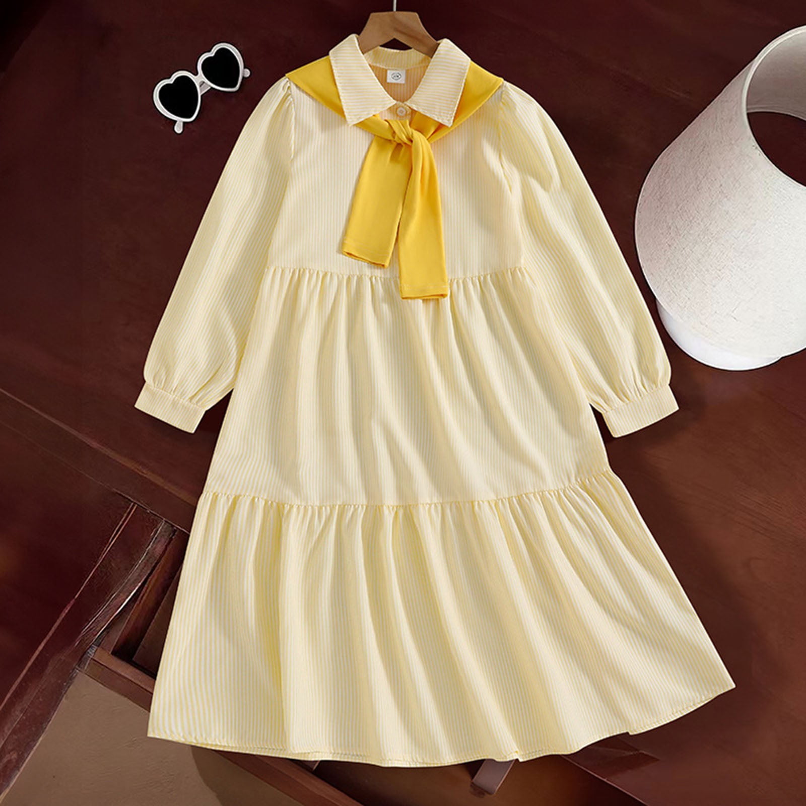 WOYY Girl Long Sleeve Tiered Dress Preppy Style Solid Color Casual ...