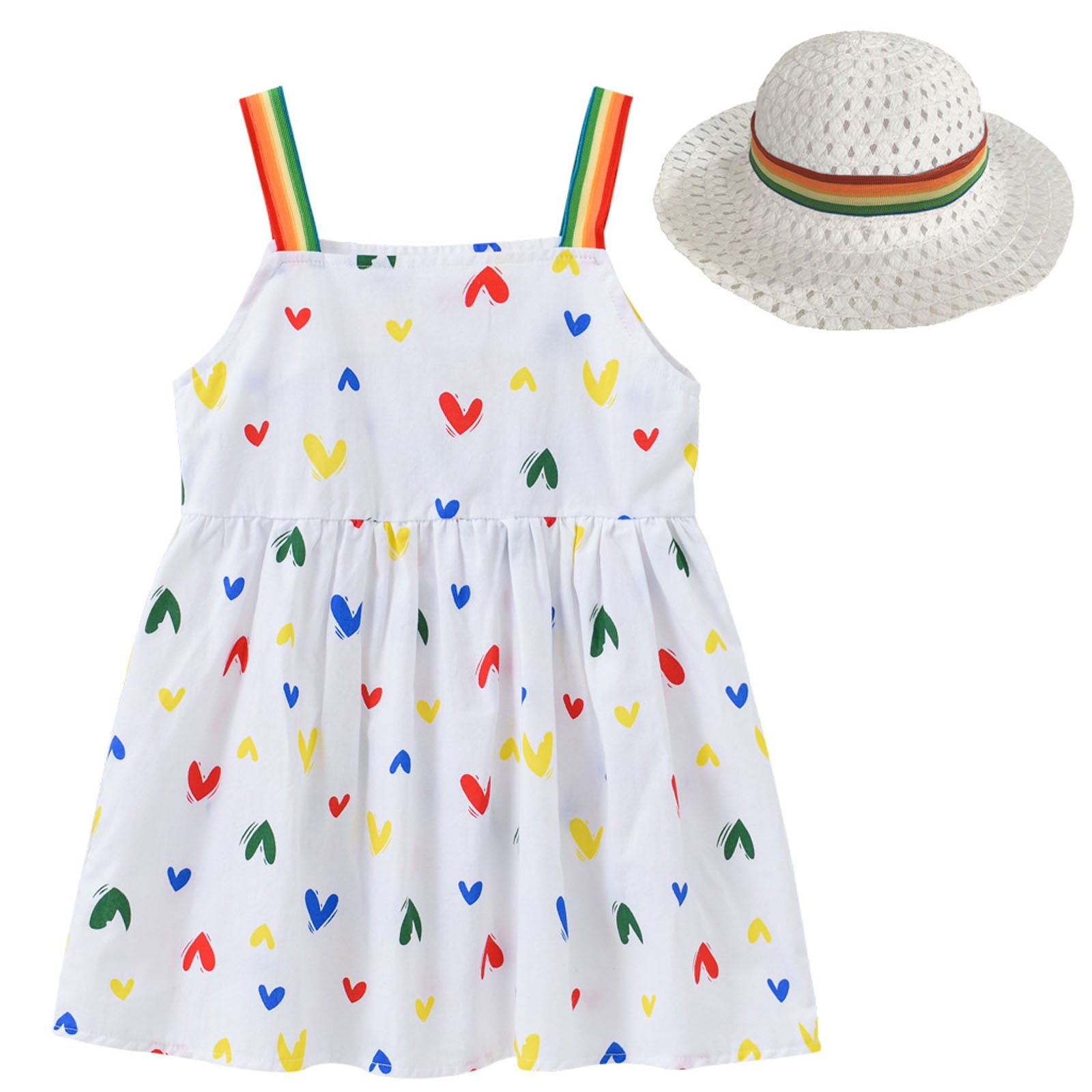 WOYY Girl Summer Rainbow Strap Sundress Hearts Print Beach Dress & Sun ...