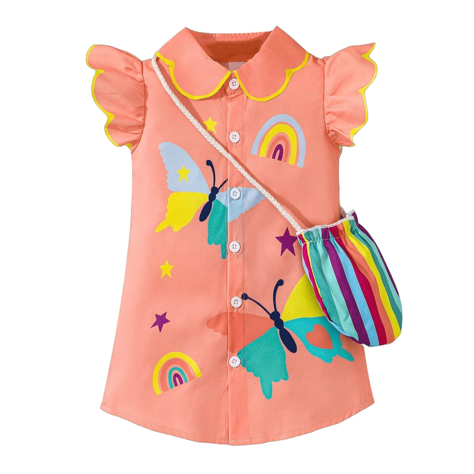 WOYY Girl's Butterfly Print Flutter Sleeves Shirt Dress Button-Down ...