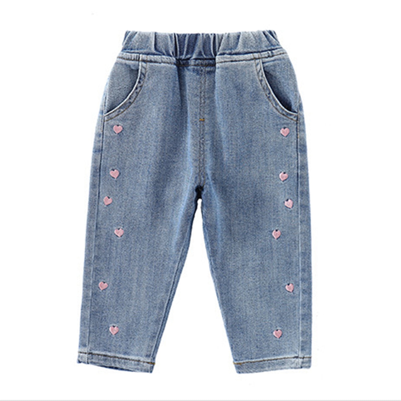 WOYY Girl's Jeans Hearts Embroidery Stretch Denim Pants Elastic Waist ...