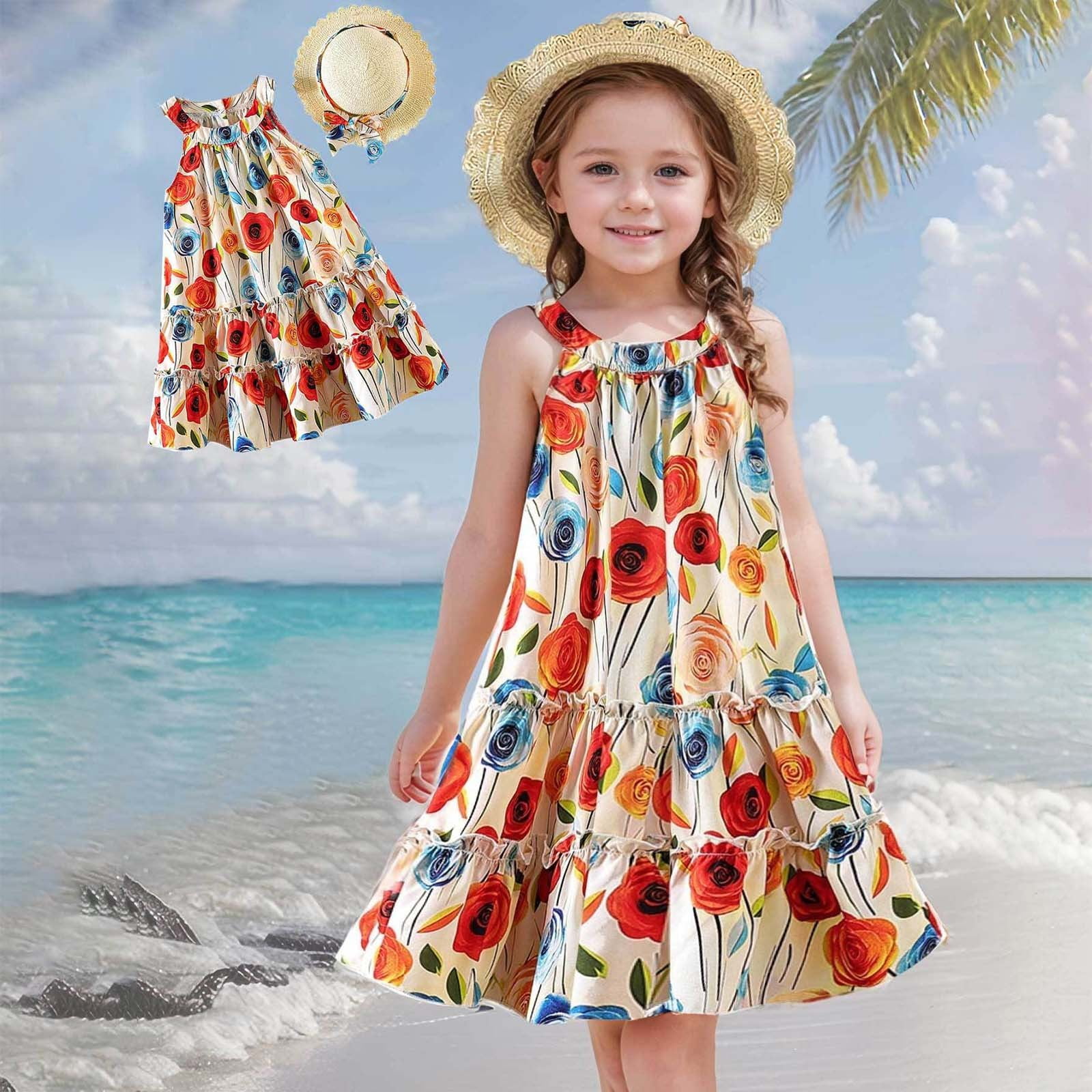 WOYY Girl's Summer Sleeveless Floral Tiered Beach Sundress & Sun Hat ...