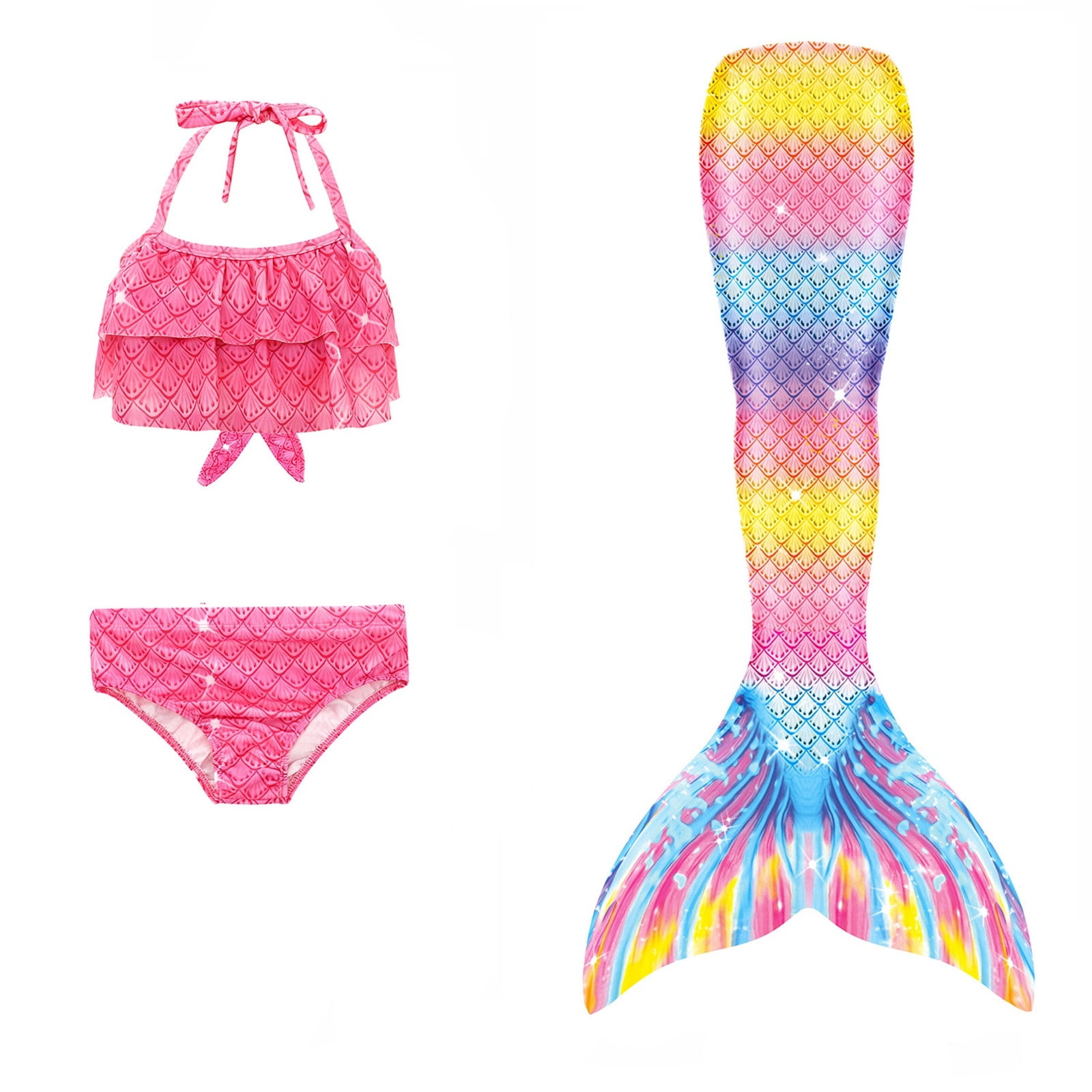 WOYY Girls Bikini Set with Fish Tail Skirt Swimwear 3-Piece Swimsuit ...