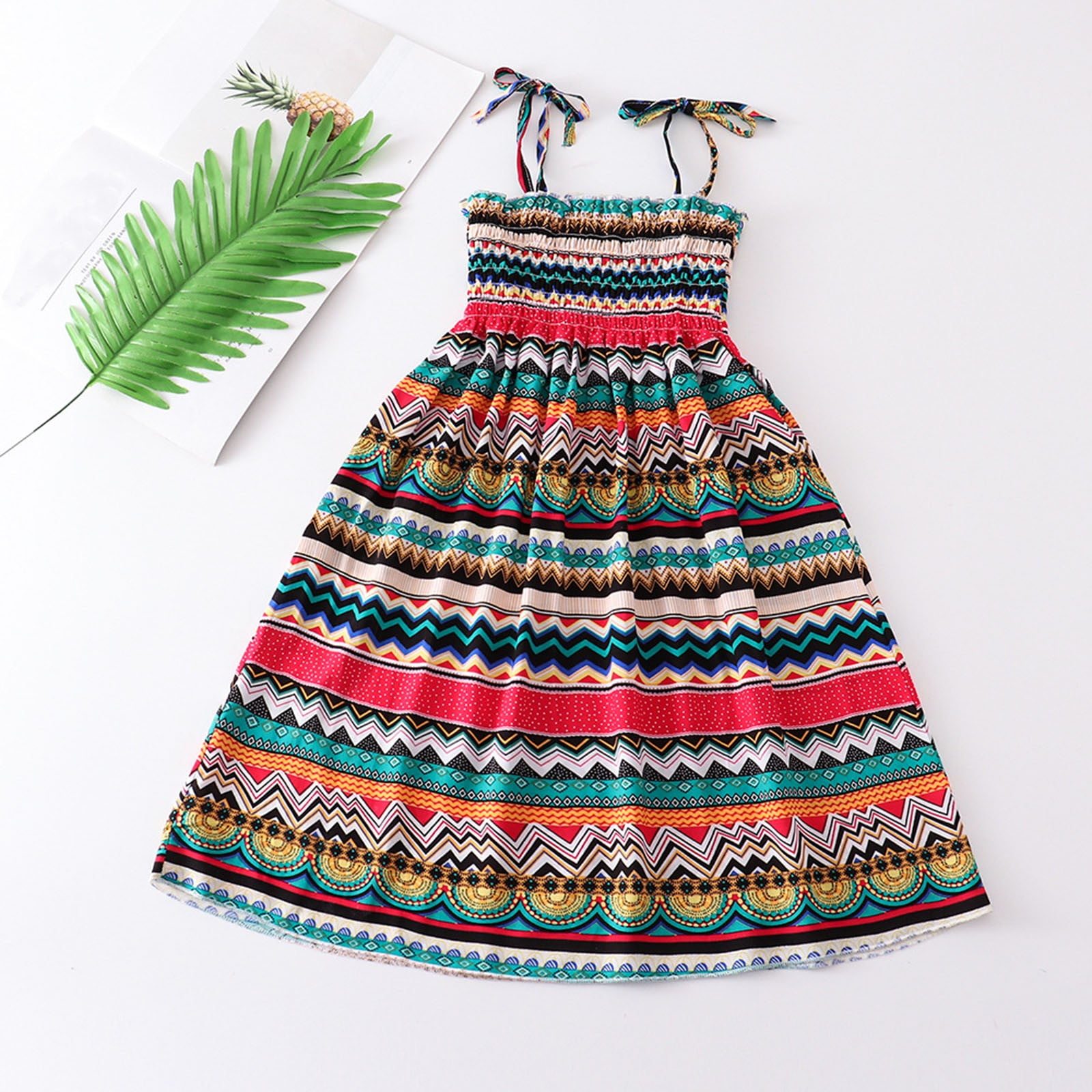 WOYY Girls Bohemian Beach Smocked Sundress Cotton Sleeveless Strappy ...