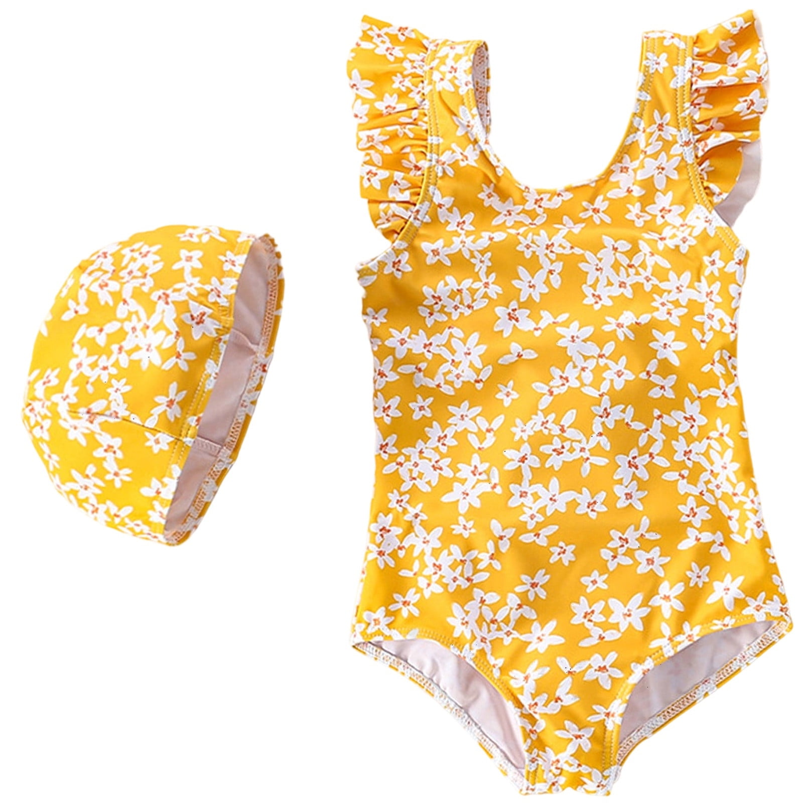 WOYY Girls Floral Ruffle One-Piece Swimsuit with Swimming Cap Bathing ...