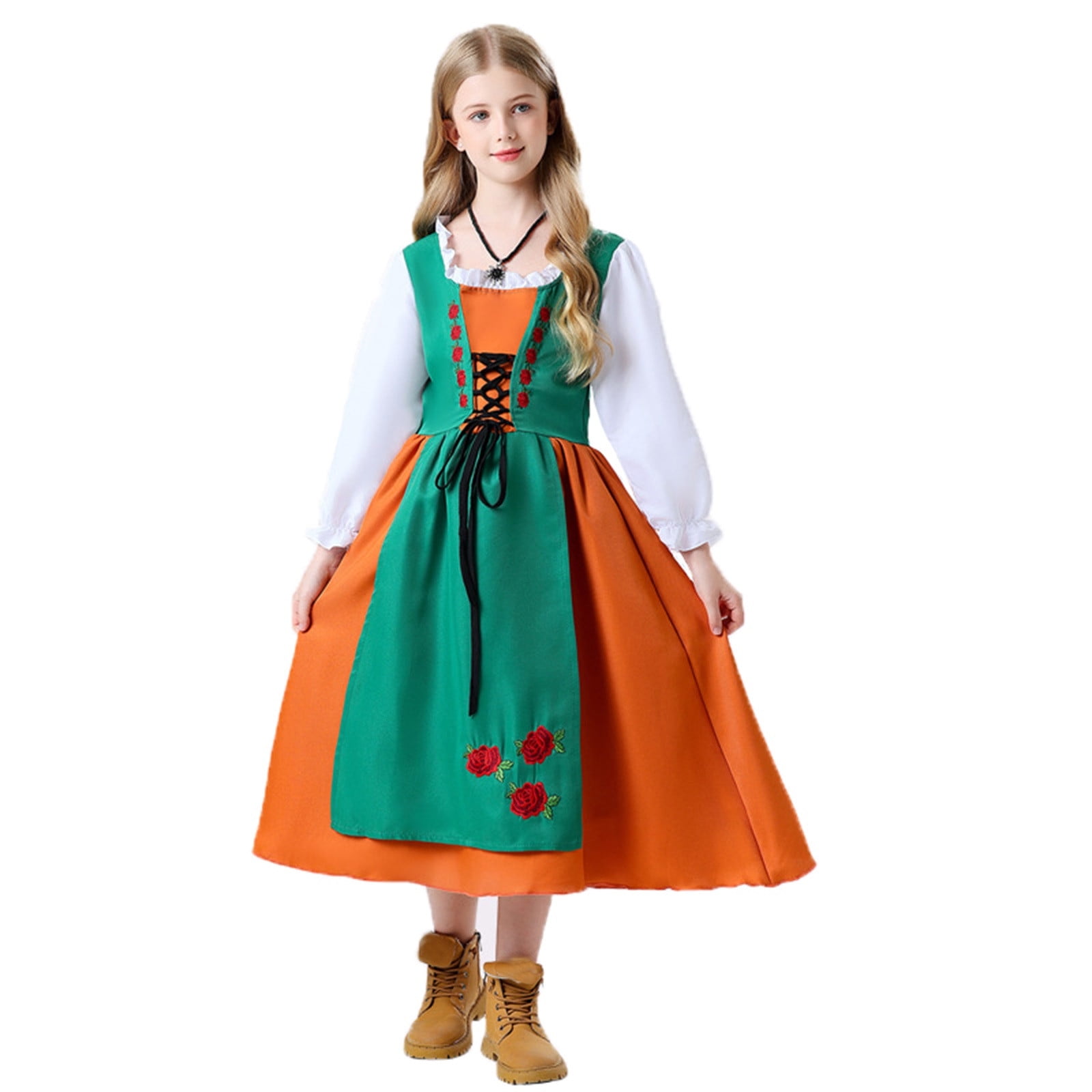 WOYY Girls' German Oktoberfest Costume - Long Sleeve Dirndl Dress with ...