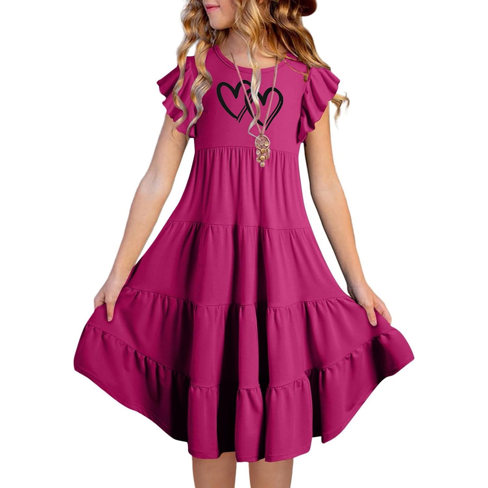 WOYY Girls Heart Print Flutter Sleeve Tiered Dress Summer Casual Flowy ...