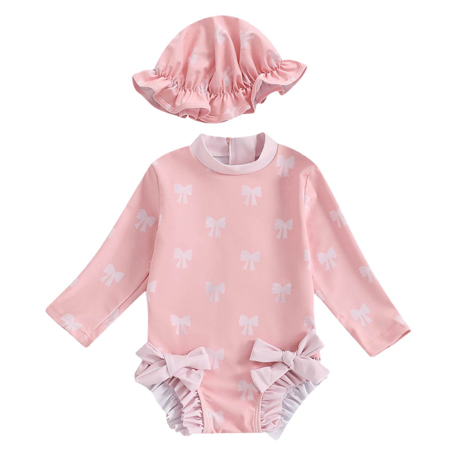 WOYY Girls One-Piece Swimsuit Bow Print Long Sleeve Rashguard with Hat ...