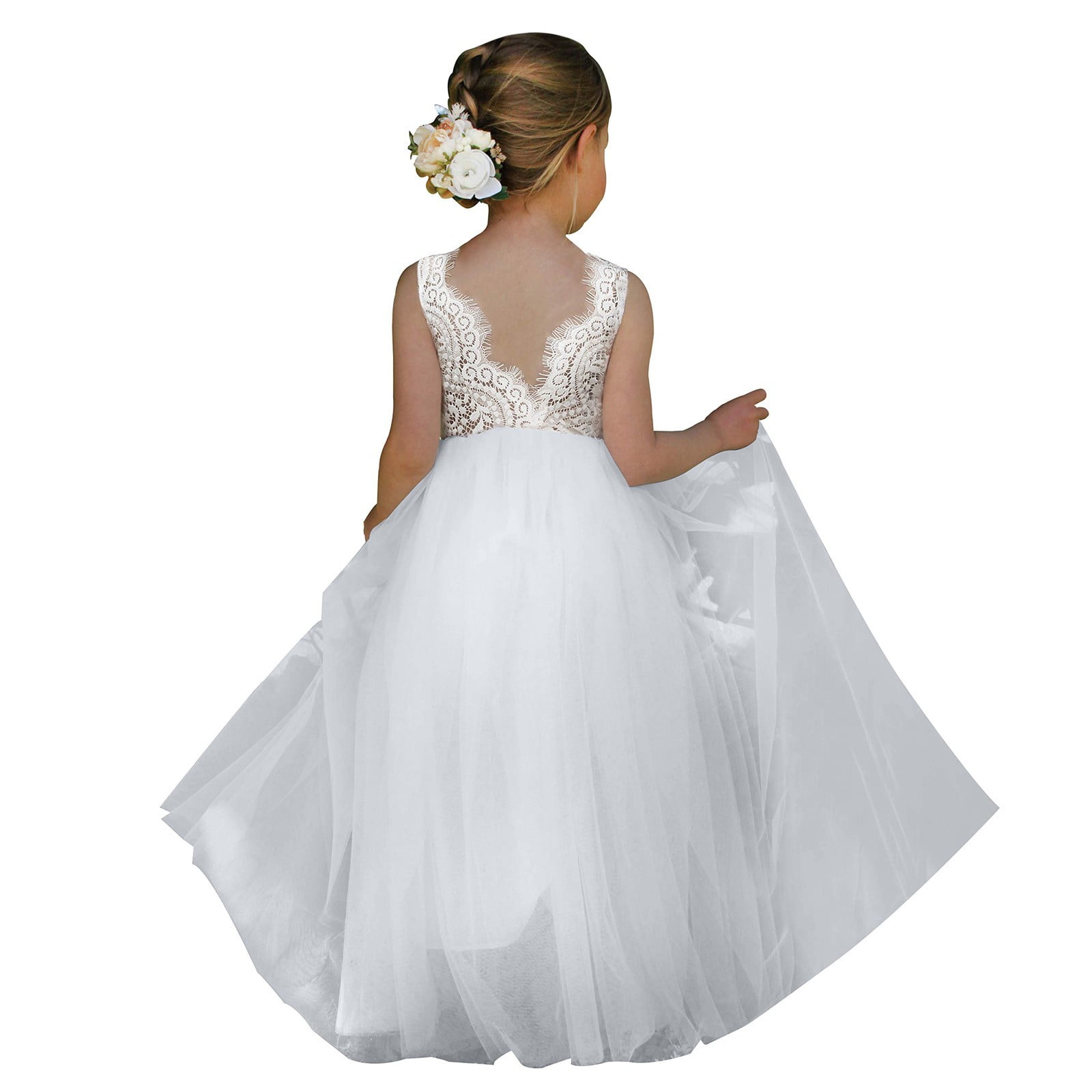 WOYY Girls Party Princess Dress Pageant Gown Lace V Neck Maxi Dress ...