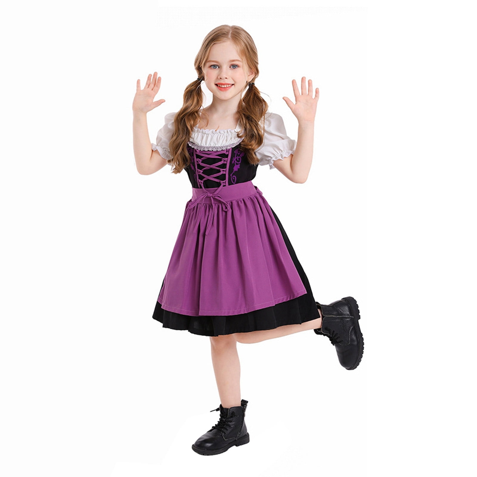 WOYY Girls Short Puff Sleeve Stage Performance Dress with Apron ...