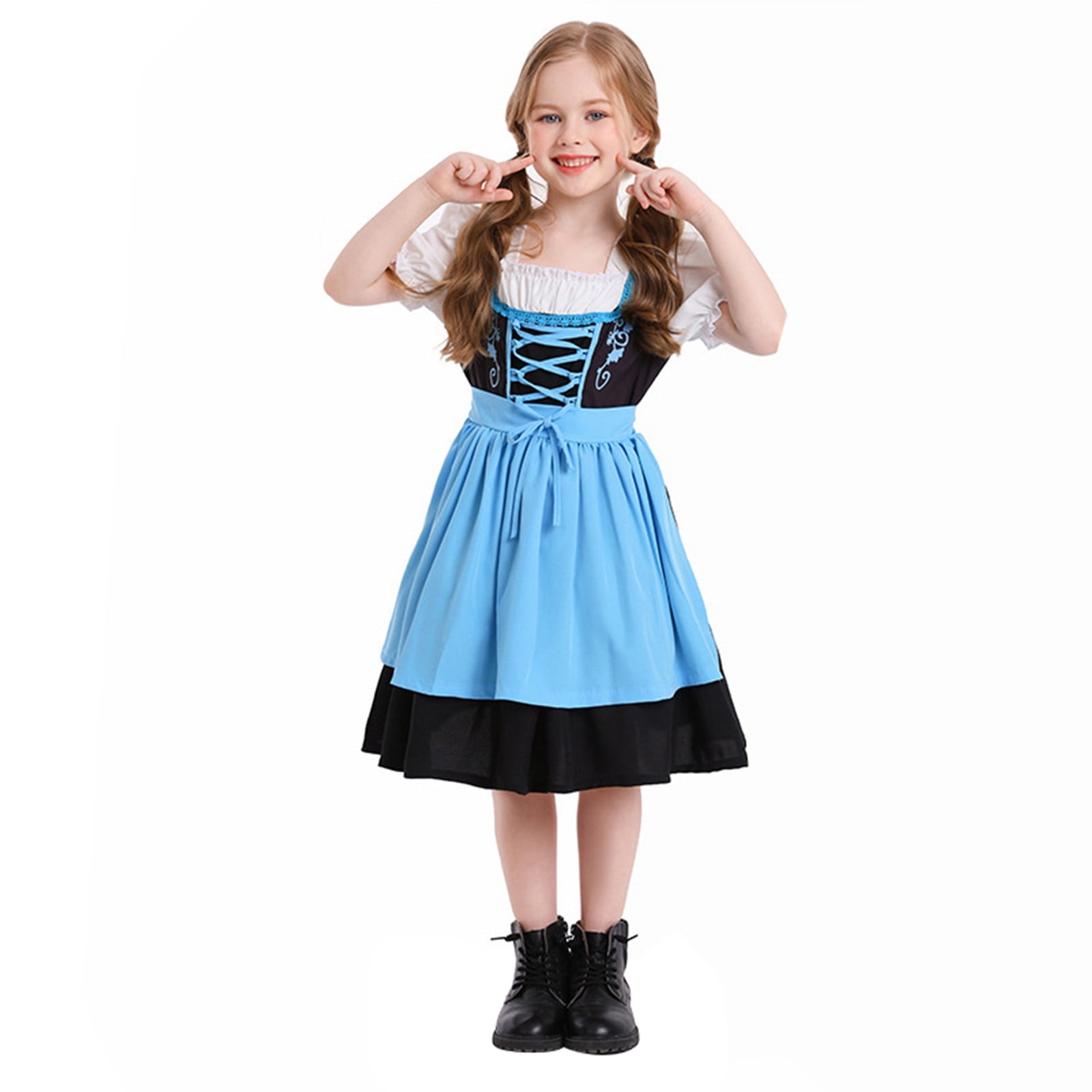 WOYY Girls Short Puff Sleeve Stage Performance Dress with Apron ...