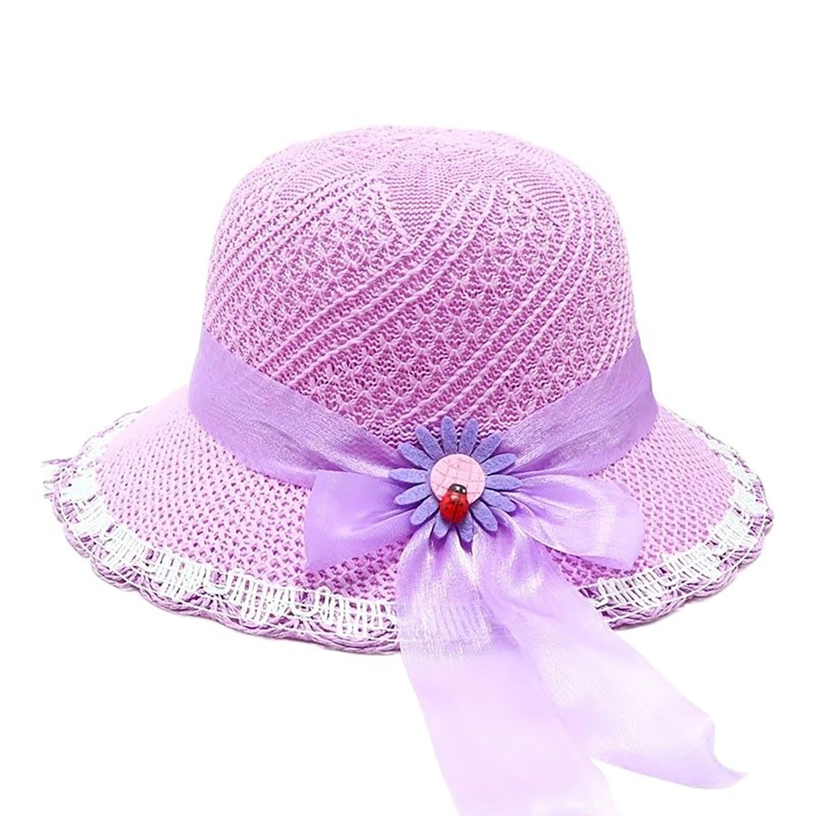 WOYY Girls Straw Beach Sun Hat Sunflower Silk Ribbon Bucket Hat ...