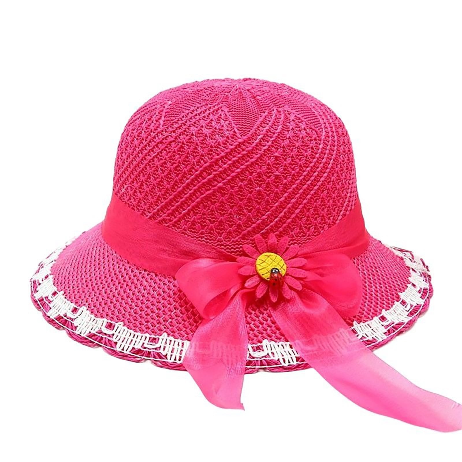 WOYY Girls Straw Beach Sun Hat Sunflower Silk Ribbon Bucket Hat ...