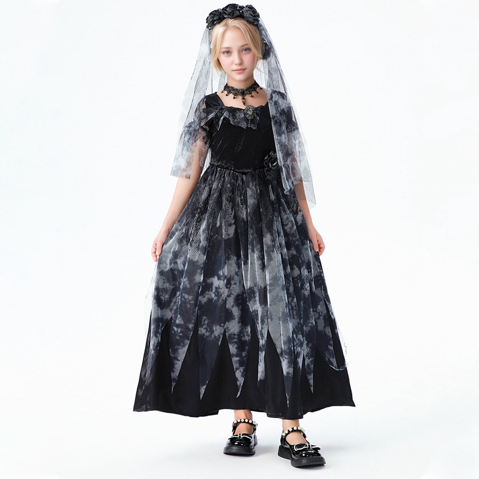WOYY Girls Witch Bride Dress & Veil Gothic Party Stage Performance ...