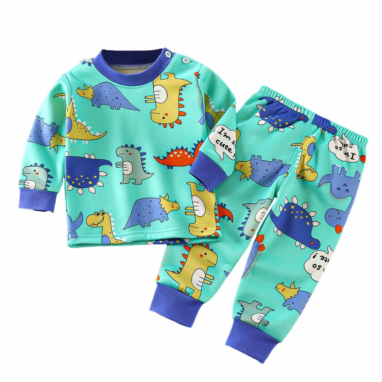 WOYY Infant Boy's Fleece Pajamas Cartoon Car Dinosaur Print Long Sleeve Crewneck Top Pants PJs ...