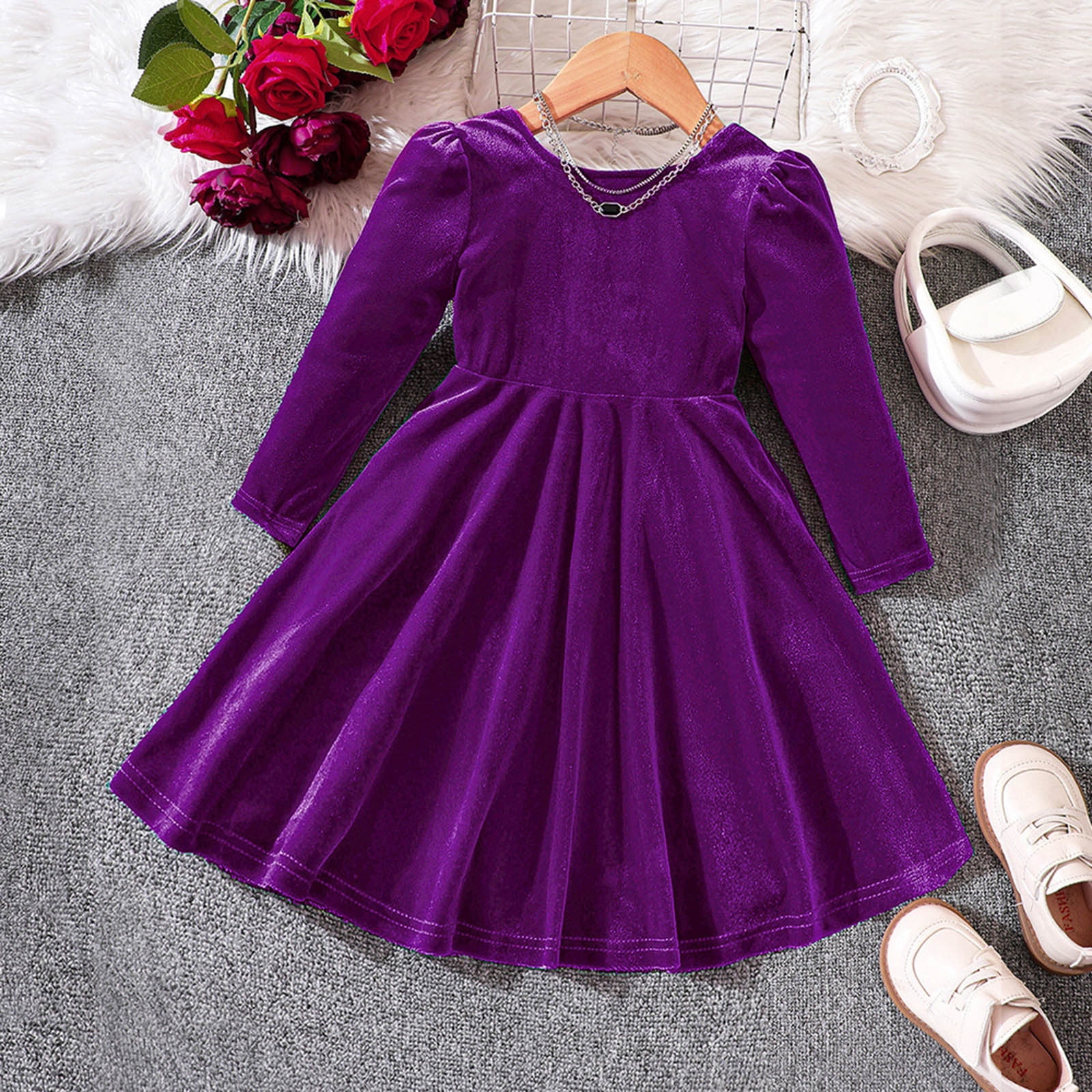WOYY Infant Girls Long Sleeve Dresses Fall Winter Bowknot Hollow Out Velvet A Line Dress ...