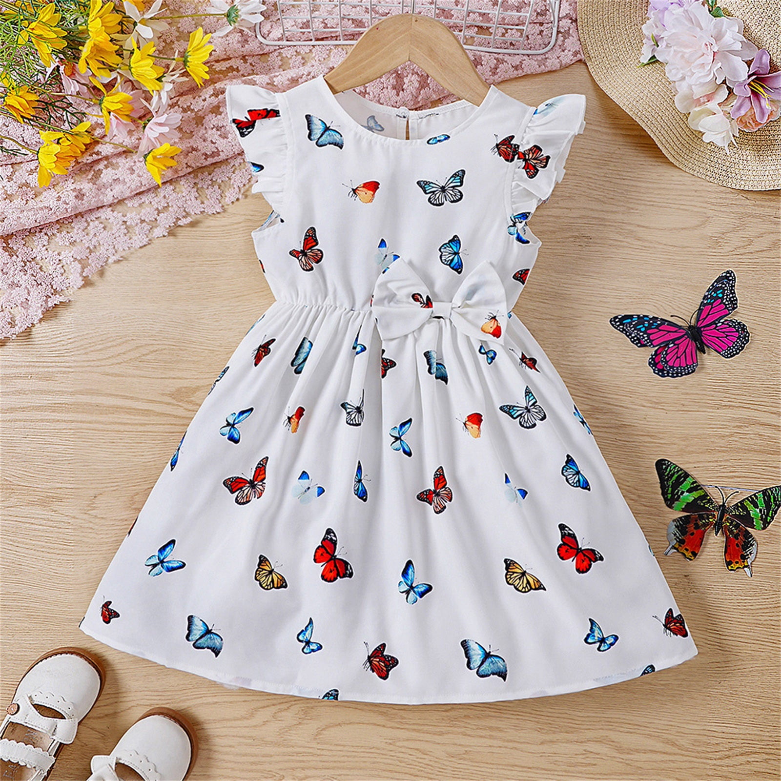 WOYY Little Girls Butterfly Print Bow Dress Flutter Sleeves Casual ...