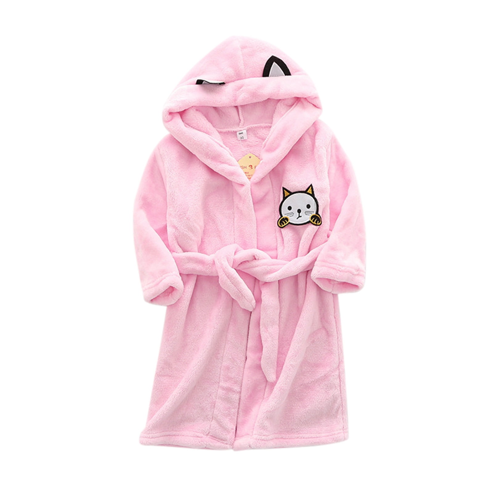 WOYY Little Girls Flannel Hooded Bathrobe Cute Cartoon Cat Warm ...