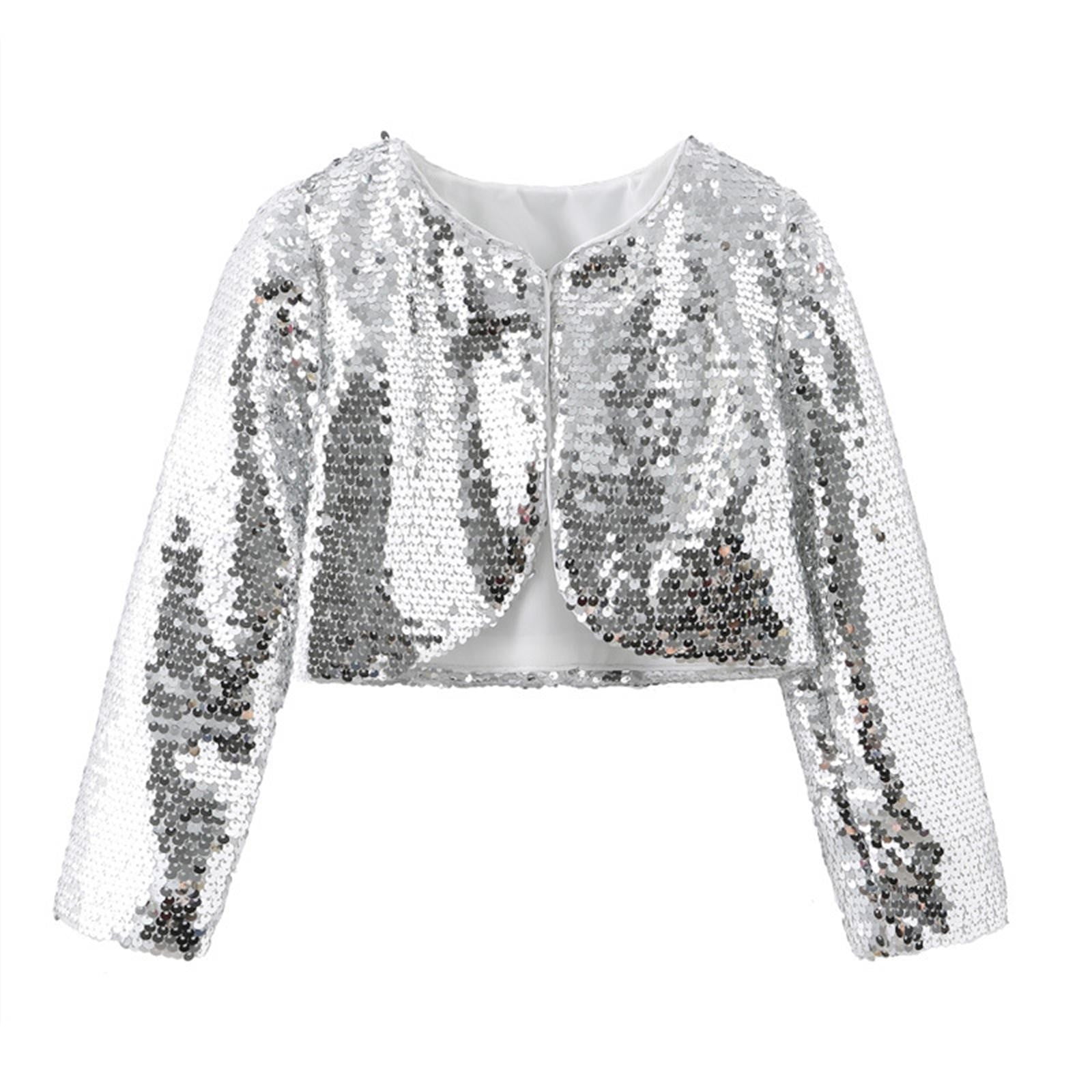 WOYY Little Girls Glitter Sequin Jacket Solid Color Cropped Coat Long ...