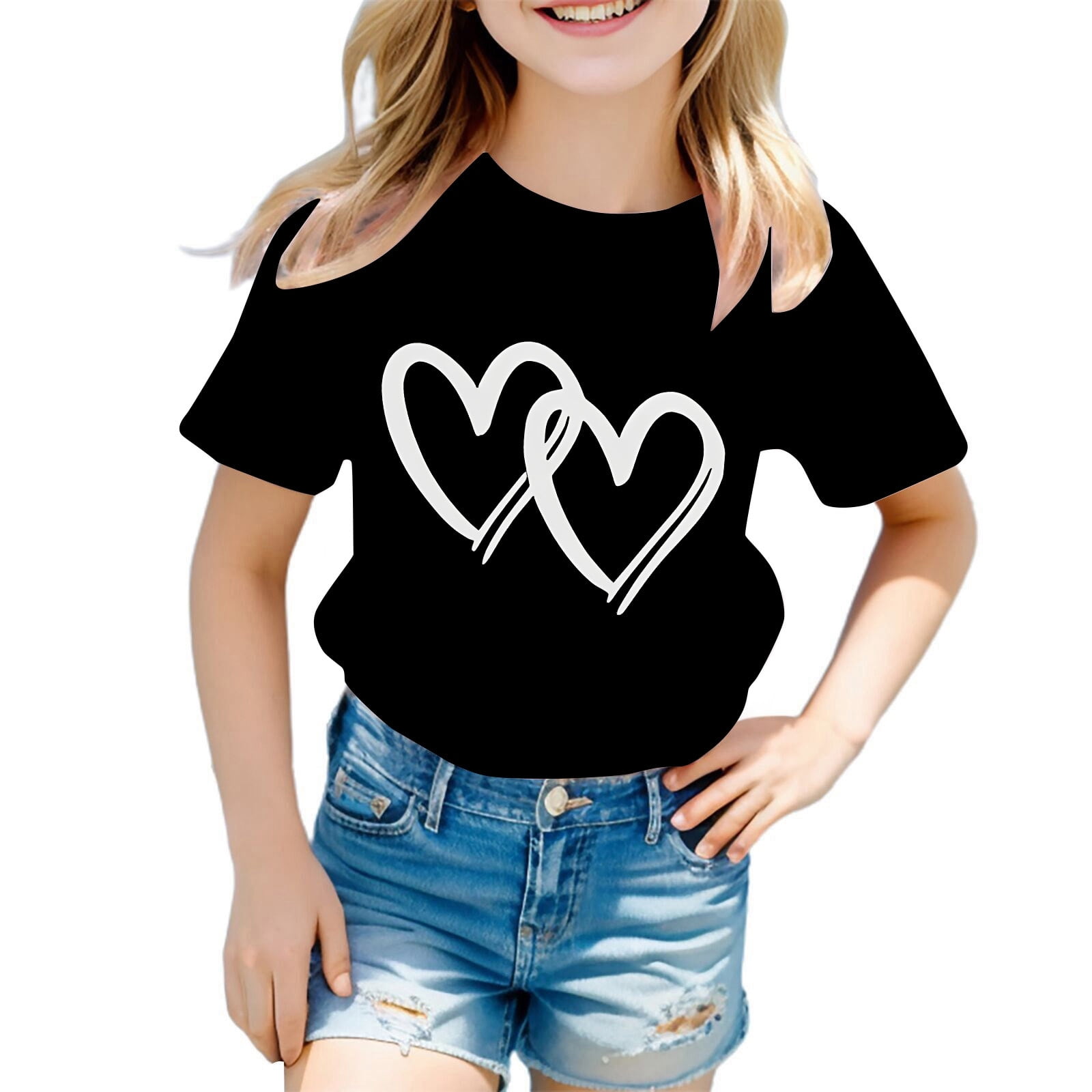 WOYY Little Girls Graphic T-Shirt Heart Print Short Sleeve Tshirt ...