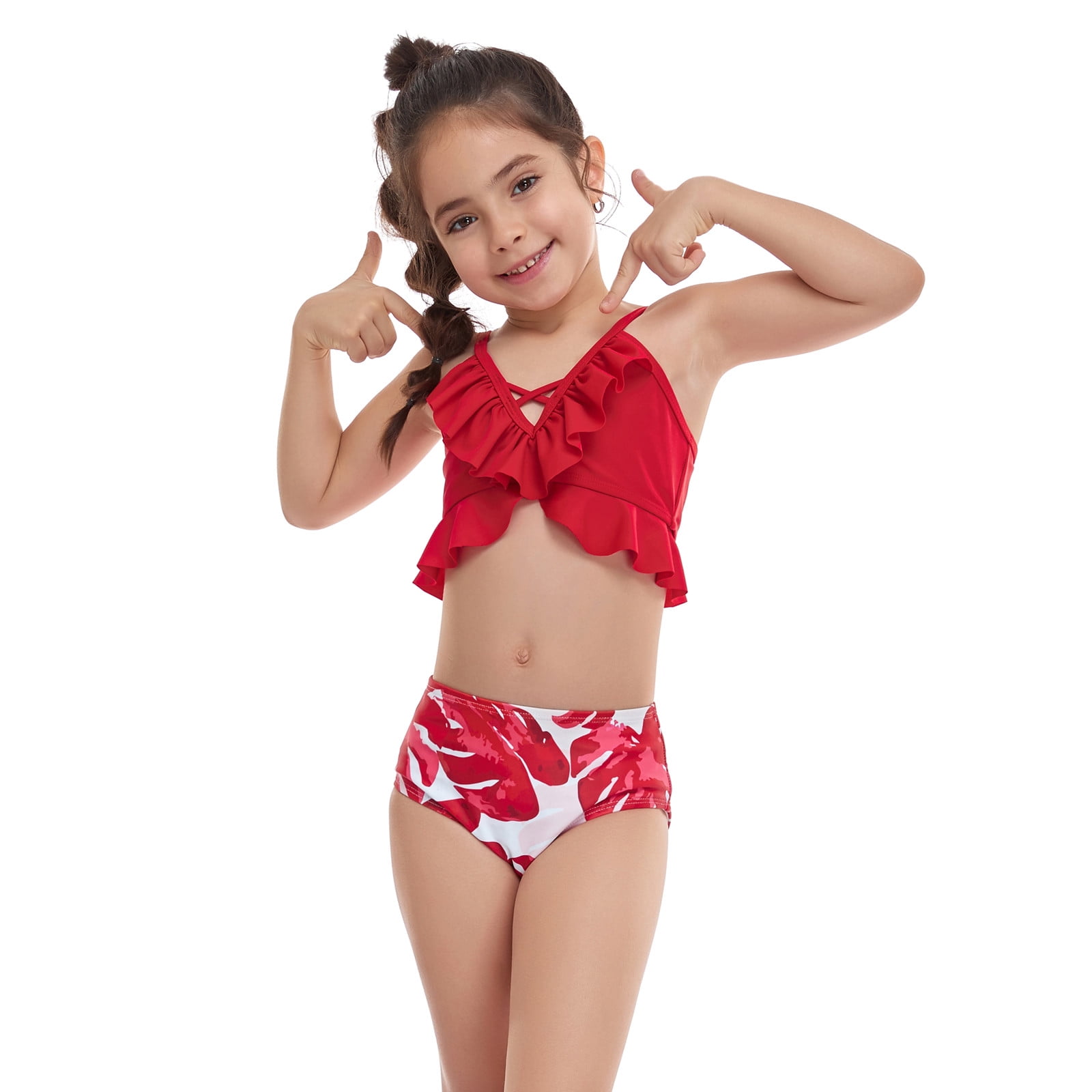WOYY Little Girls Ruffle Tropical Bikini Swimsuit Beach Bathing Suit with UPF50+, 2-Piece ...