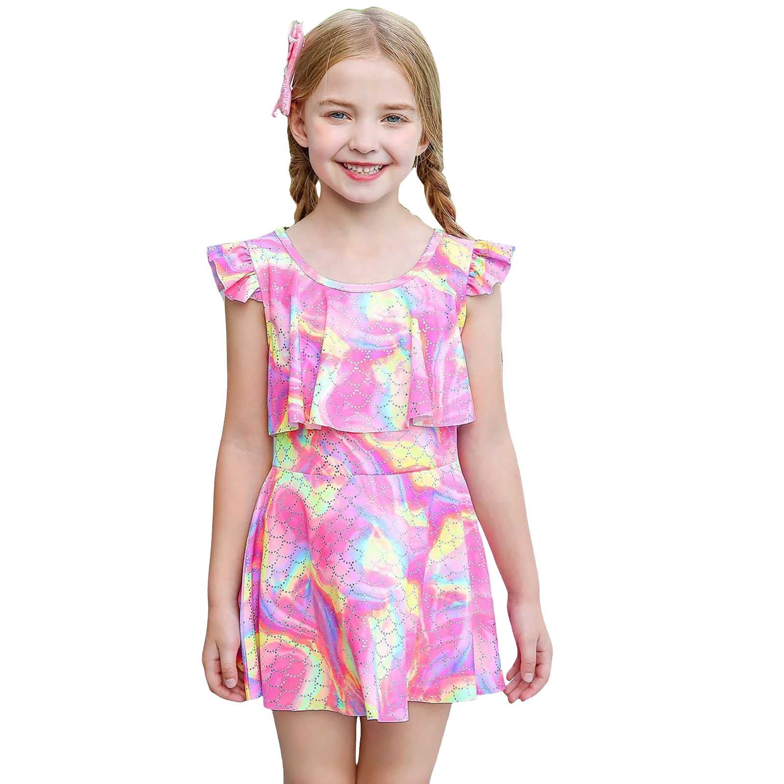 WOYY Little Girls Ruffles Swim Dress Beach One-Piece Swimsuit with ...
