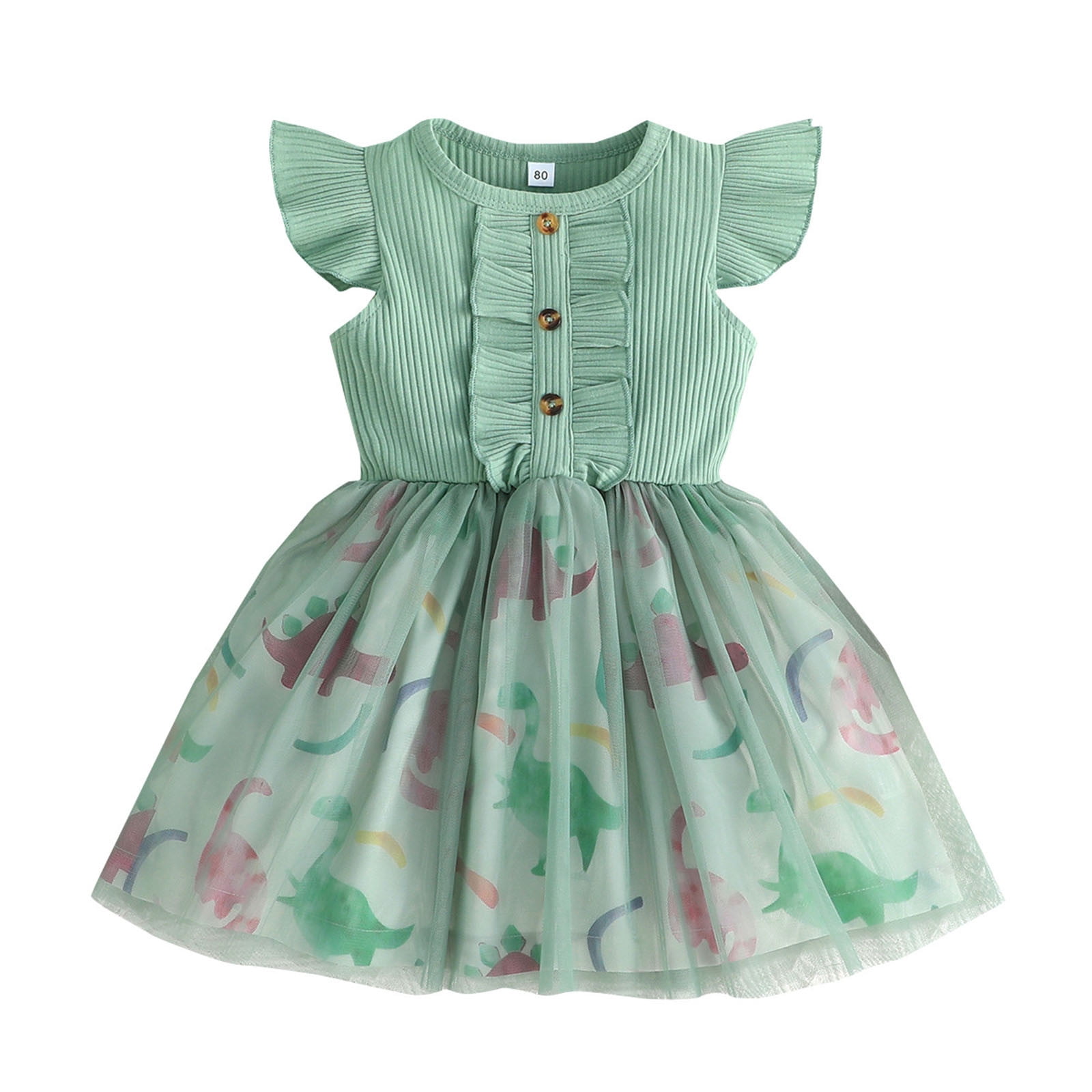 WOYY Little Girls Summer Dress Dinosaur Prints Ribbed Mesh Dress with ...