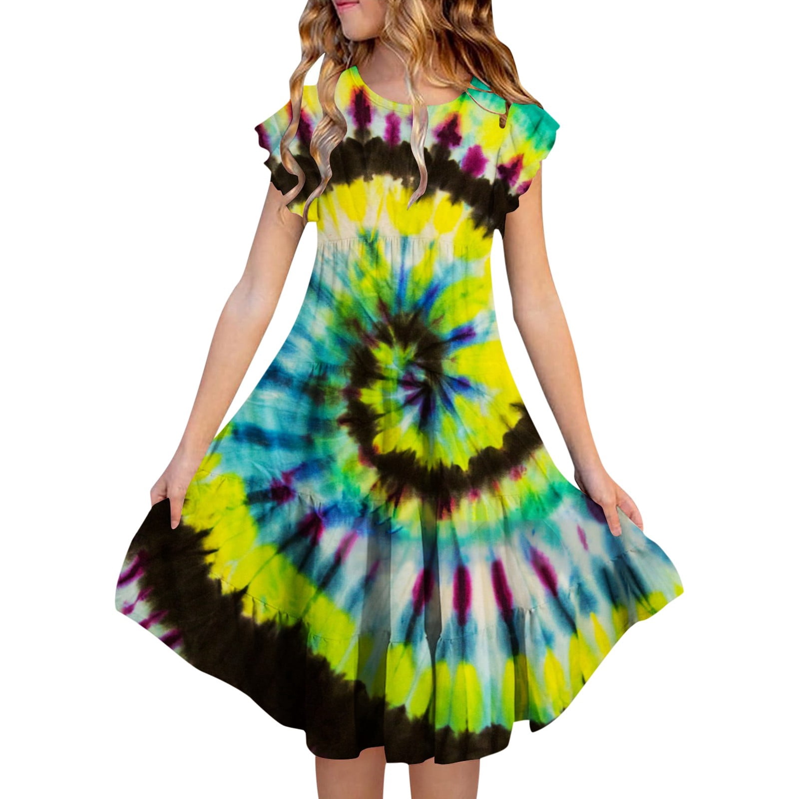 WOYY Little Girls Tie Dyed Midi Dress Flutter Sleeve Tiered A-Line ...