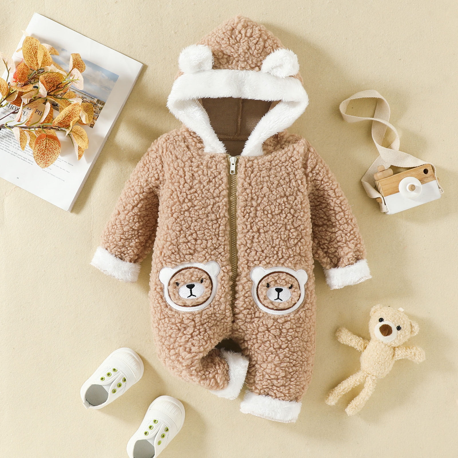 WOYY Newborn Boys Teddy Fleece Jumpsuit Cartoon Bear Print Hooded ...