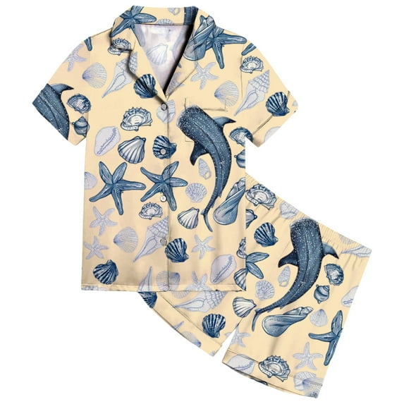 WOYY Pajamas for Girls Ocean Print Short Sleeve Button Top Shorts ...