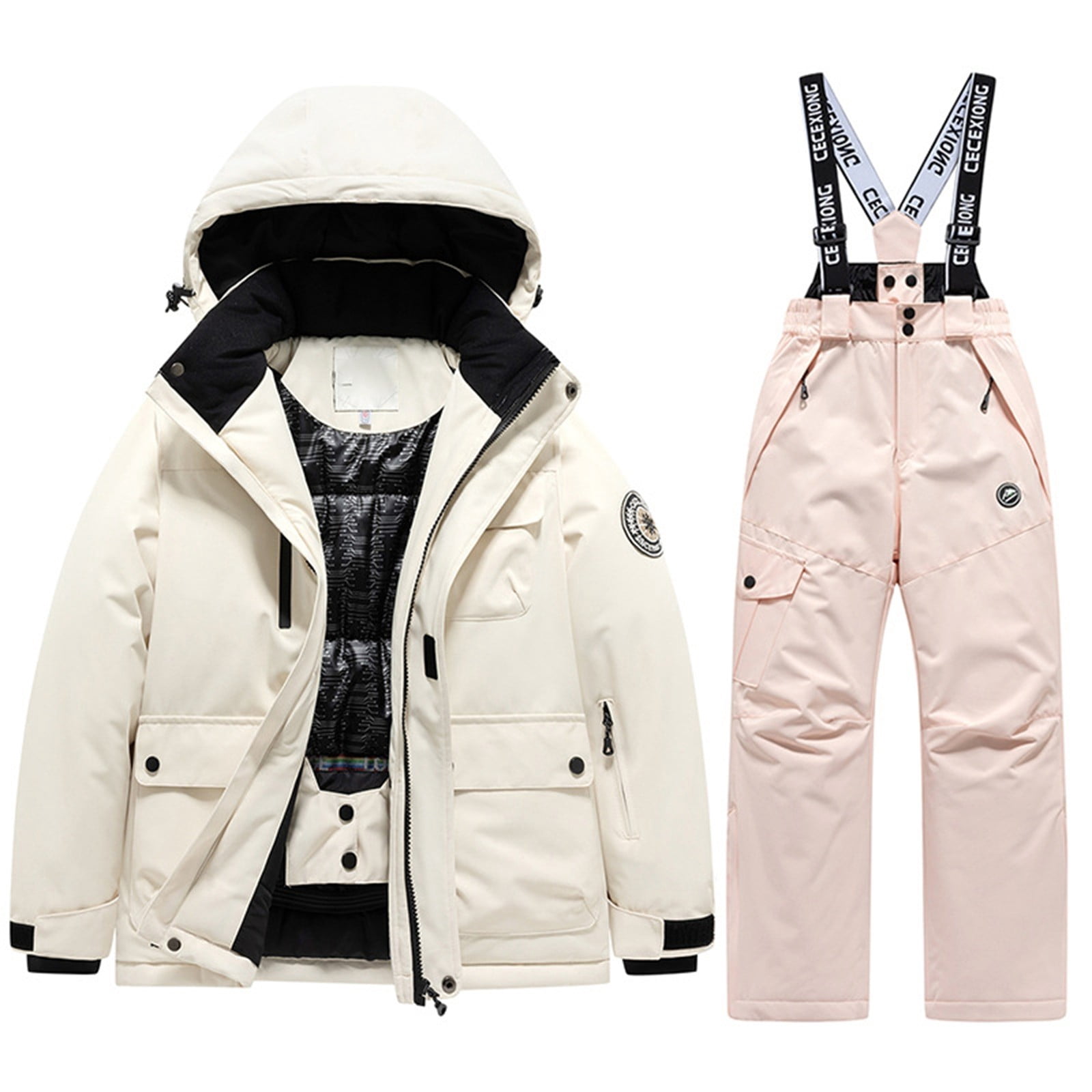 WOYY Teen Girls Winter Ski Suit Hooded Jacket Suspenders Pants Snowsuit ...