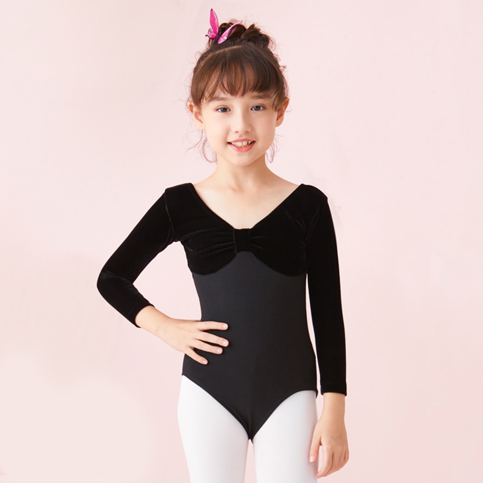 WOYY Toddler Girls Ballet Dance Leotard V Neck Long Sleeve Bodysuit ...