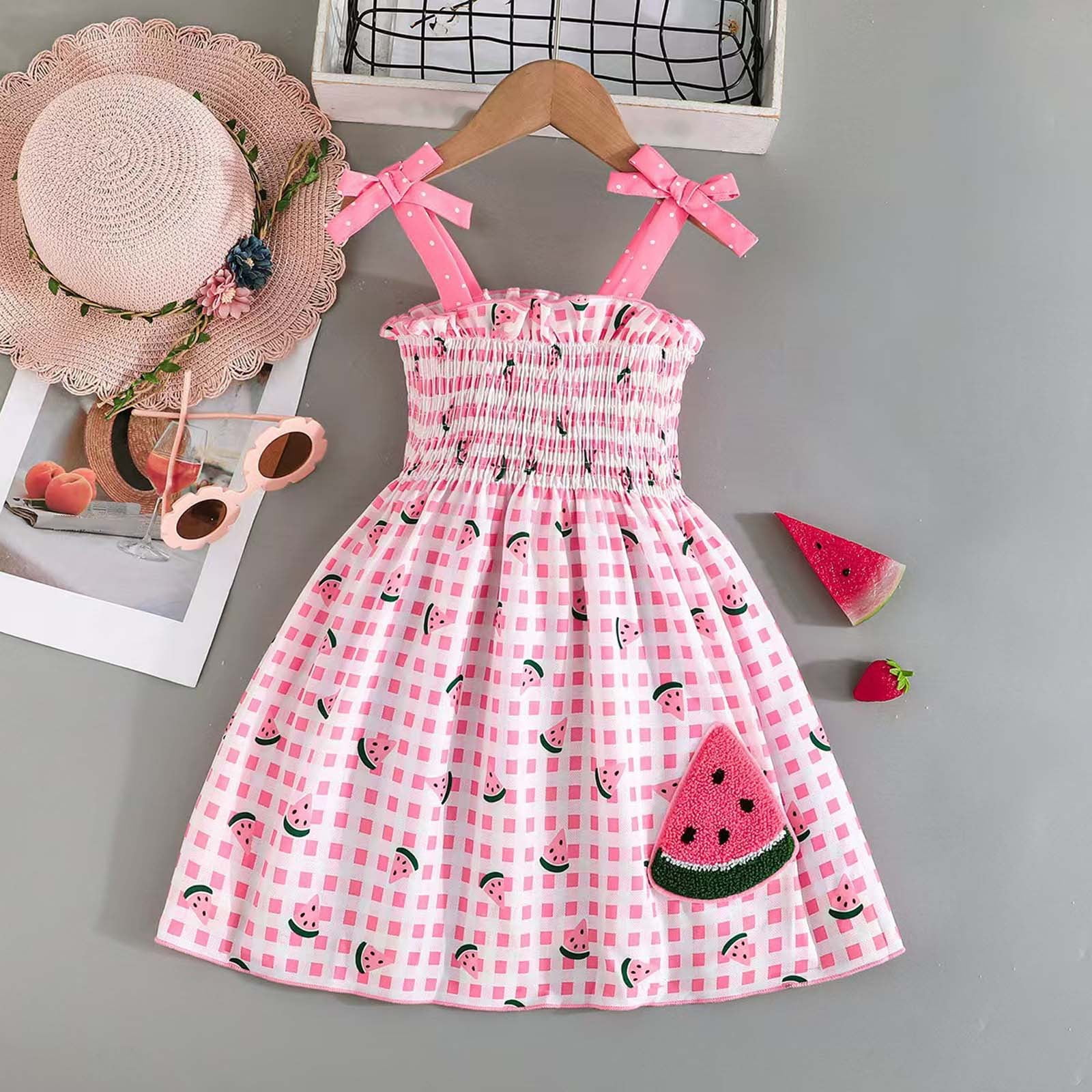 WOYY Toddler Girls Fruit Embroidery Checkered Smocked Dress with Tie ...