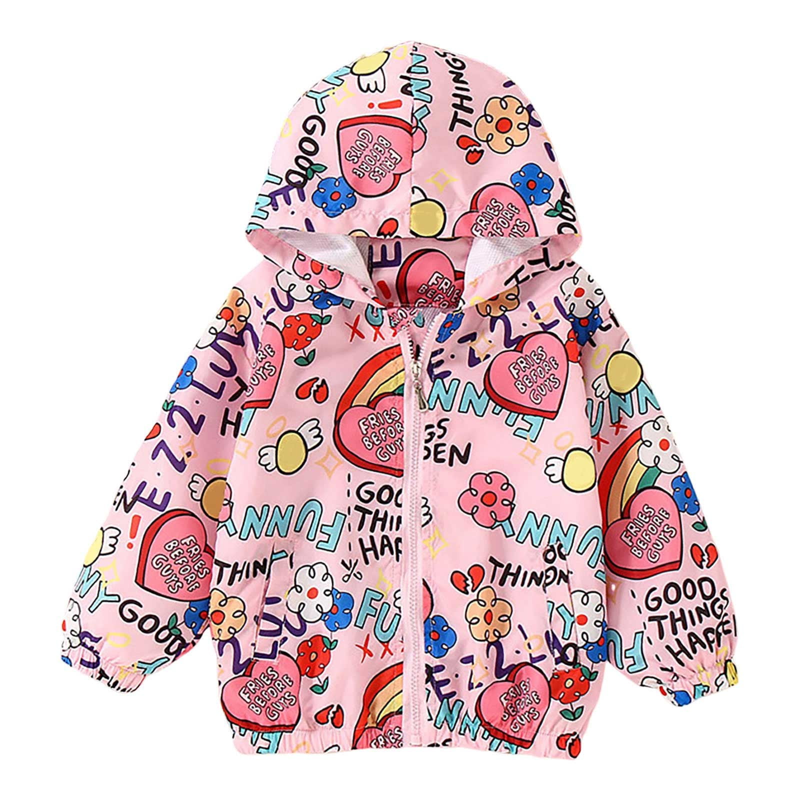 WOYY Toddler Girls Zipper Hooded Windbreaker Cartoon Print Outerwear ...