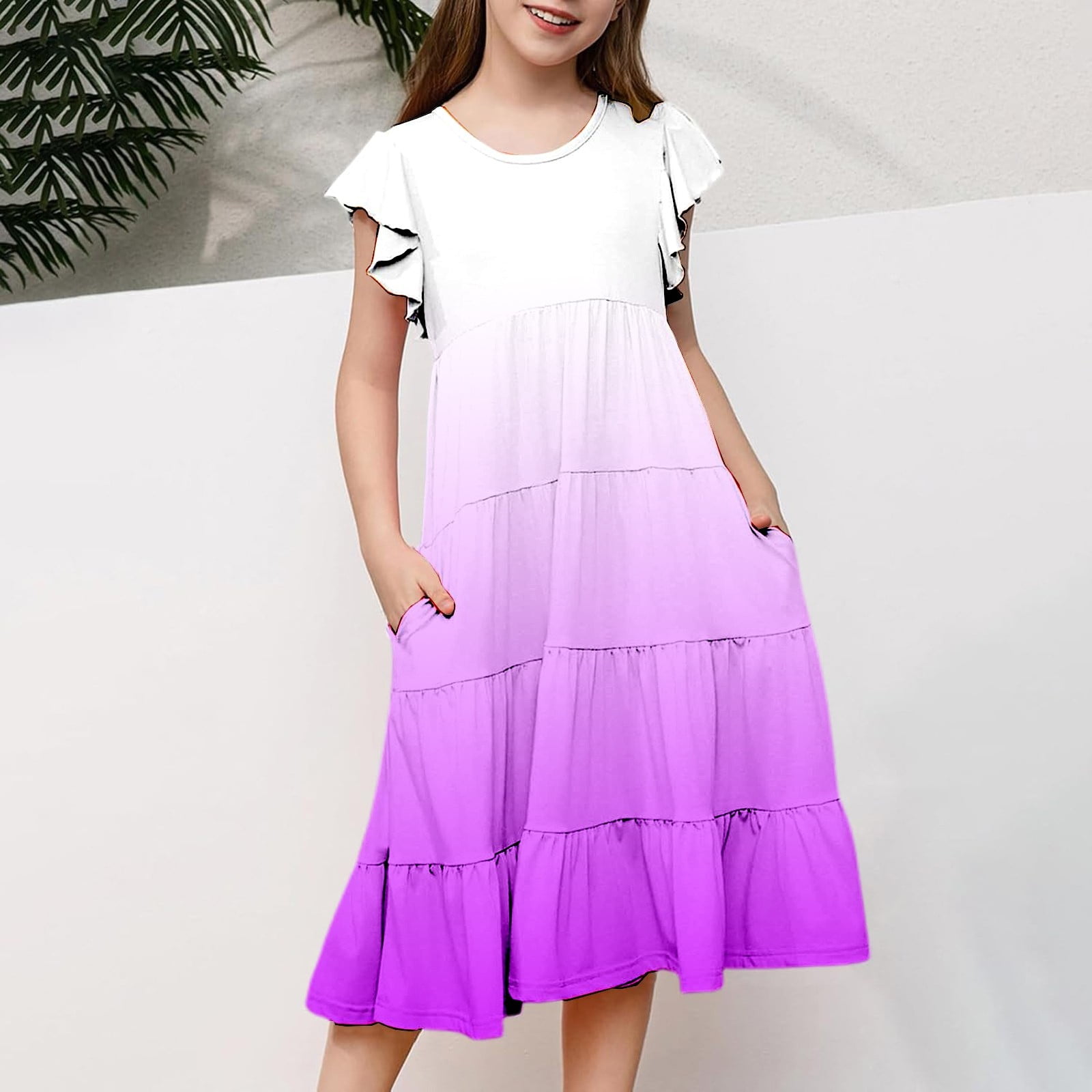WOYY Tween Girls Flutter Sleeve Tiered A-Line Dress with Pocket, Sizes 6-15 - Walmart.com