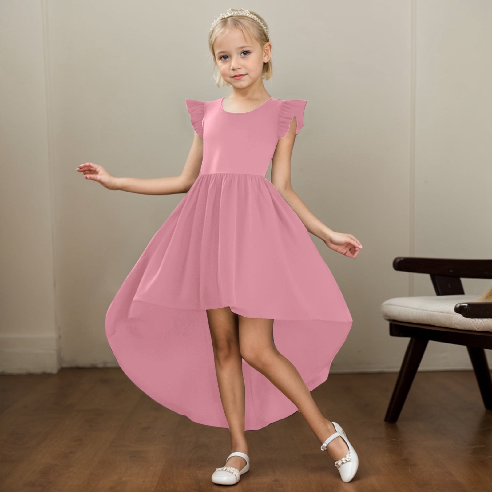 WOYY Tween Girls High and Low Dress Solid Color Flutter Sleeves Party ...