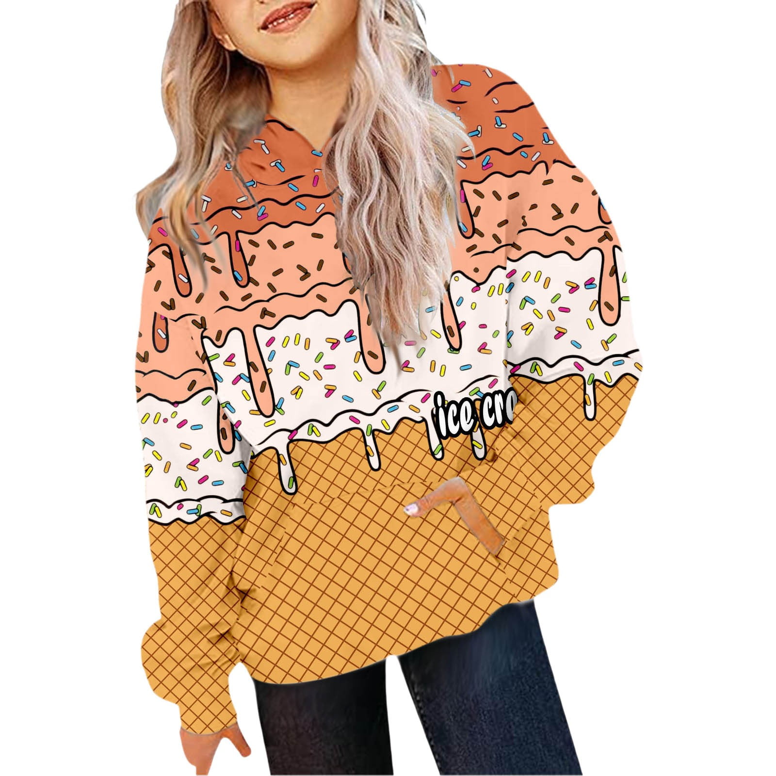 WOYY Tween Girls Ice-Cream Print Hoodie Casual Pullover Hooded ...