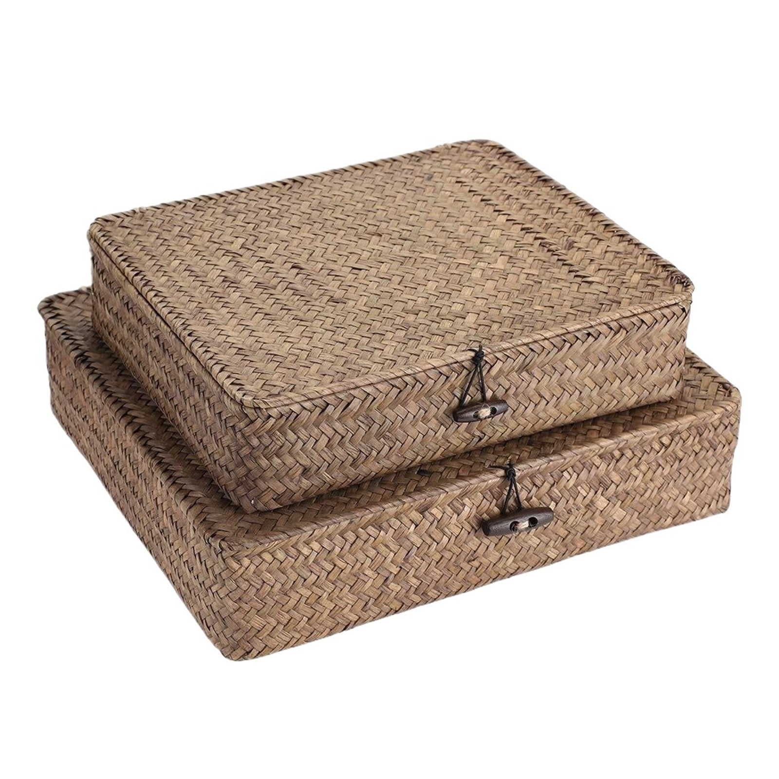 WP Set of 2 Flat Woven Wicker Storage Boxes with Lids Natural Seagrass ...