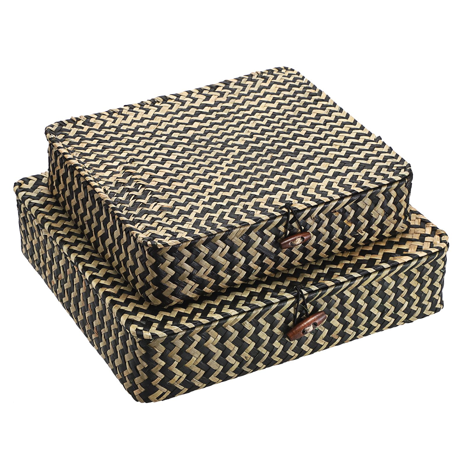 WP Set of 2 Flat Woven Wicker Storage Boxes with Lids Natural Seagrass ...