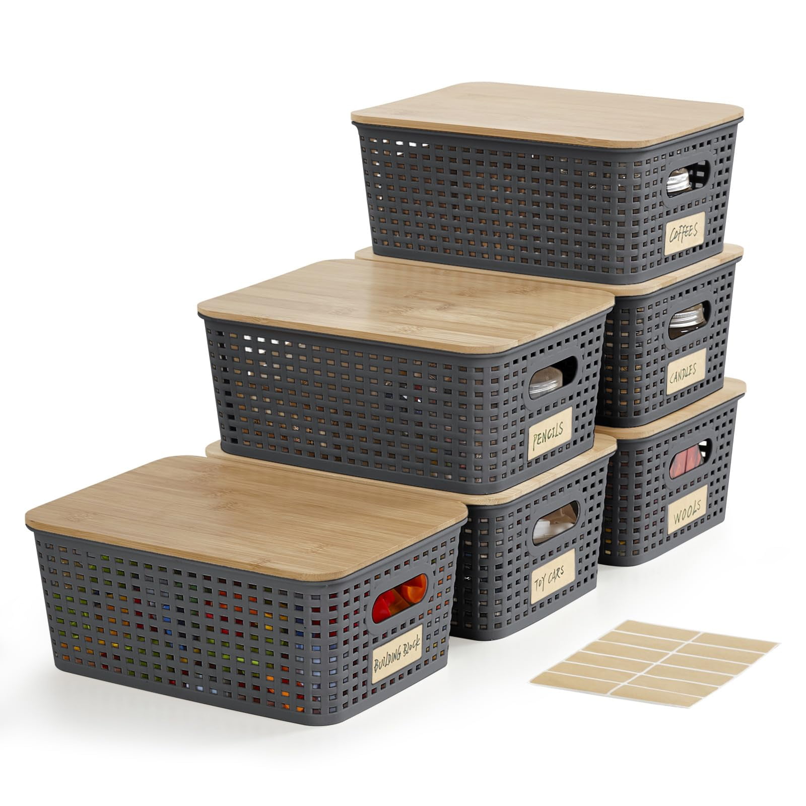 WP Small Plastic Storage Boxes with Bamboo Lids 5.2 Quart Stackable Box ...