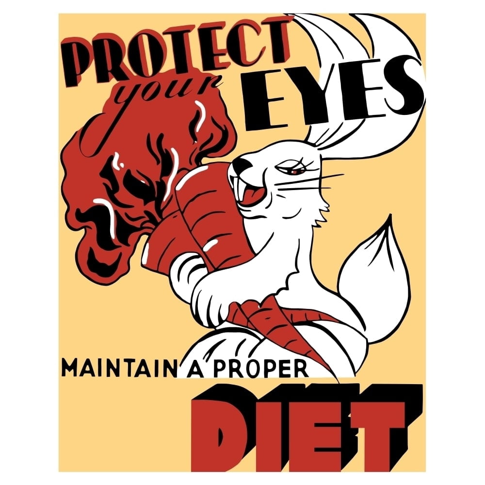 WPA propaganda poster of a cartoon rabbit holding two large carrots ...