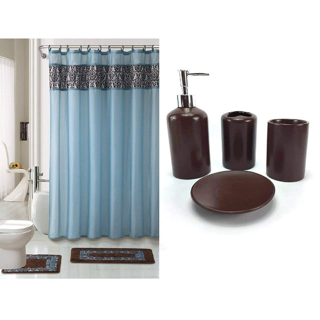 WPM 19 Piece Flocking Ceramic Bathroom Linen & Accessory Set with Bath ...