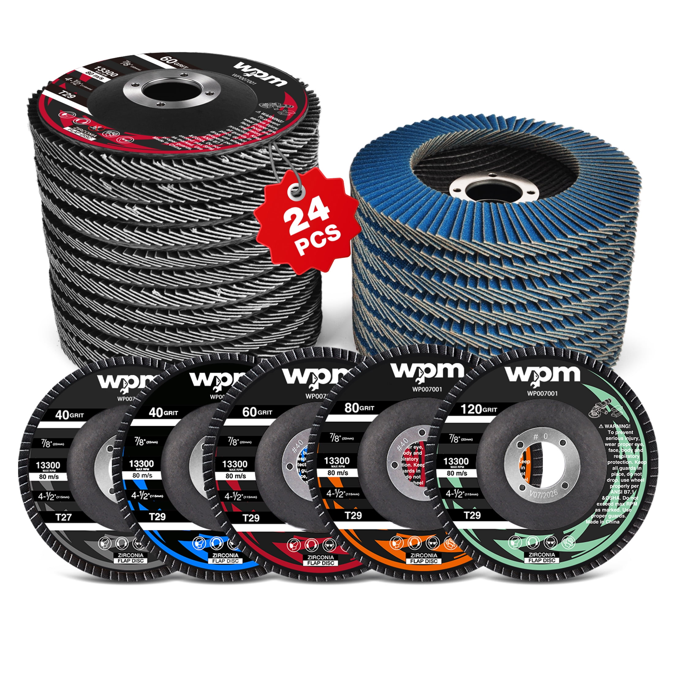 WPM 24-Pack 4 1/2 Flap Disc, Zirconia Grinding Wheel 40/60/80/120 Grit ...